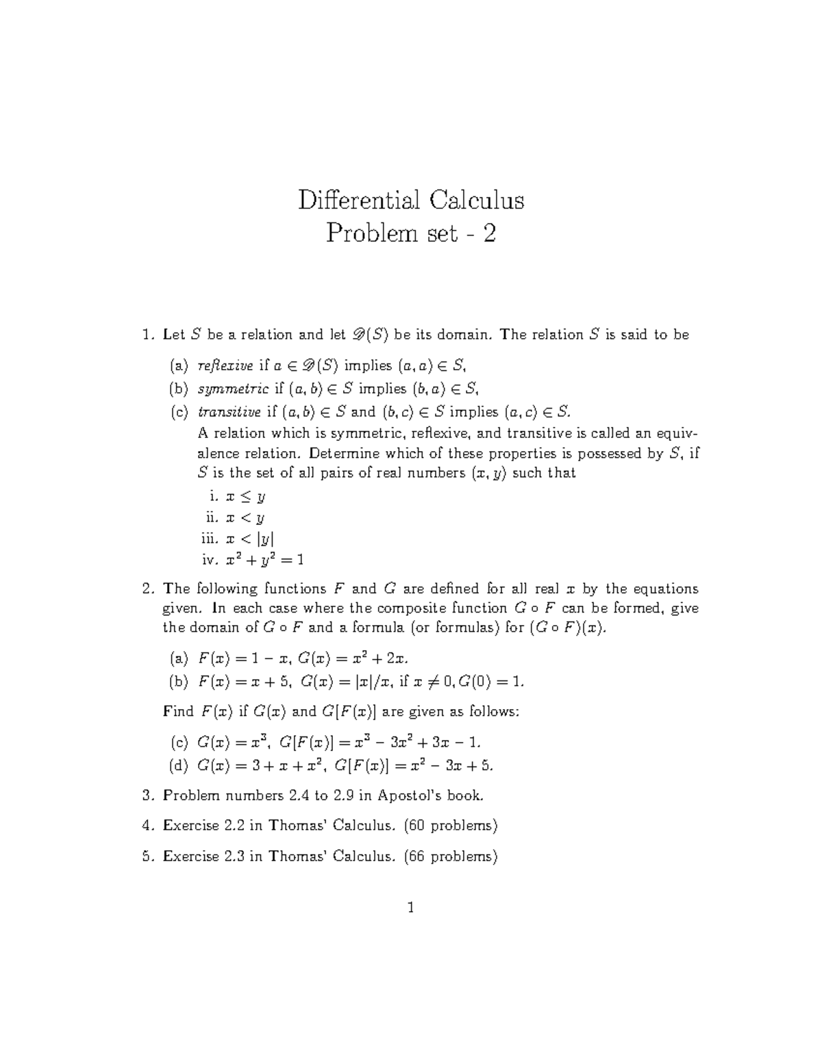 Problem Set- 2 - nil - Differential Calculus Problem set - 2 LetSbe a relation and letD(S) be ...