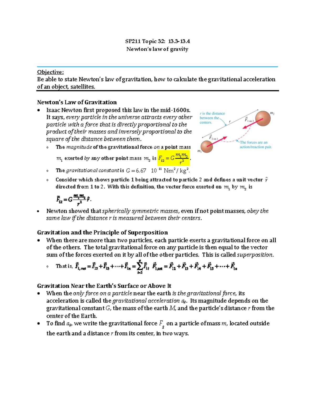 Topic 32;Newton’s law of gravity - SP211 Topic 32: 13-13. Newton’s law ...