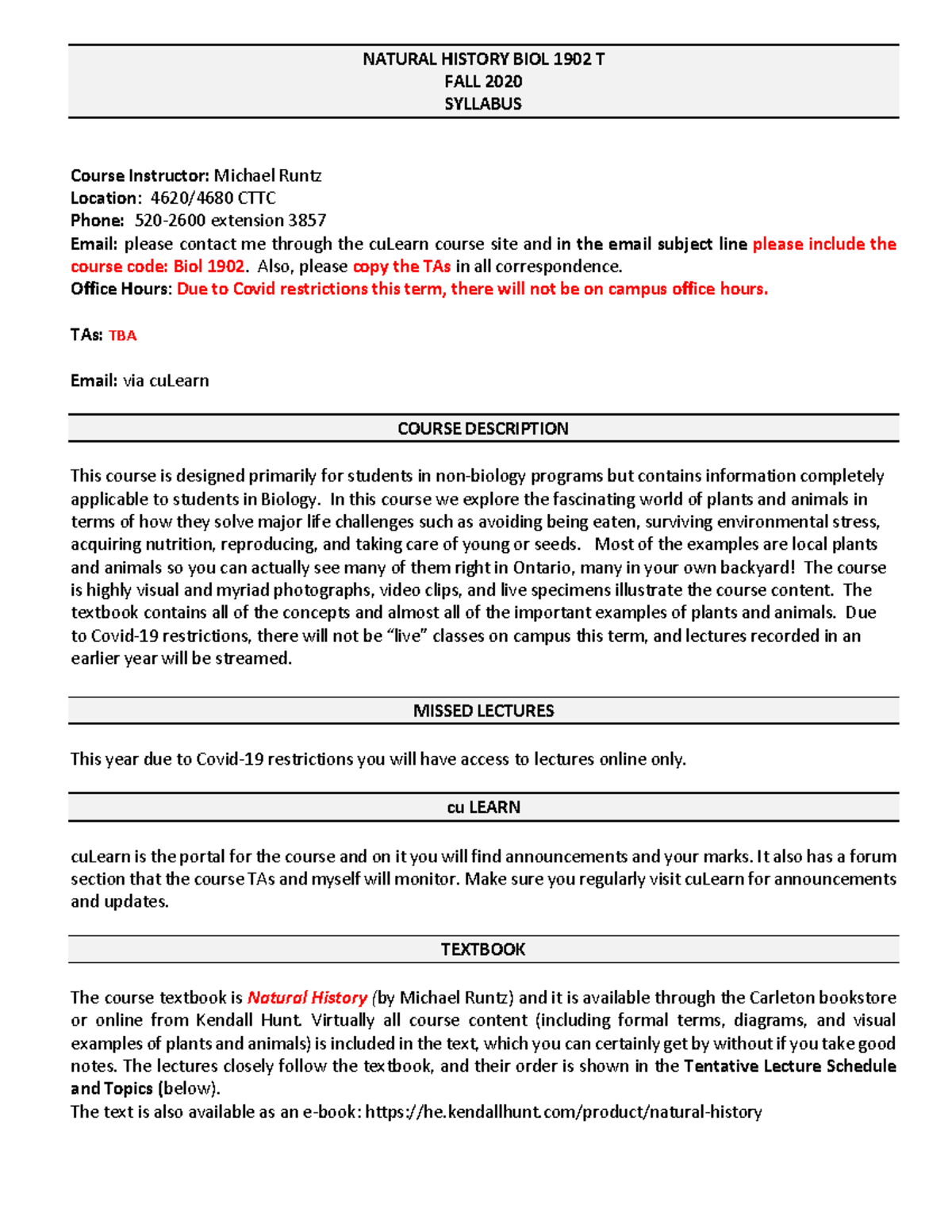 Course Outline Biol 1902 2020 Warning Tt Undefined Function 32 Natural History Biol 1902 T