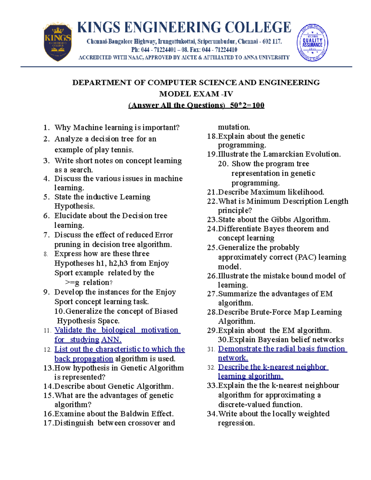 MLT 50 TWO MARK Questions - DEPARTMENT OF COMPUTER SCIENCE AND ENGINEERING MODEL EXAM -IV ...
