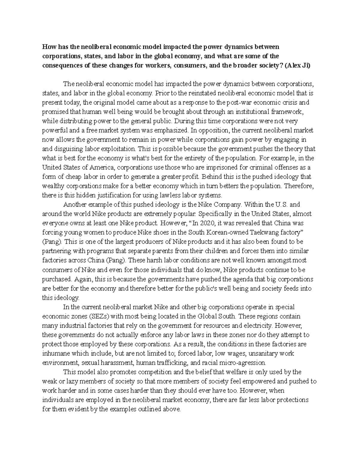 SOCI 1701 Module 6 Activity - How has the neoliberal economic model ...