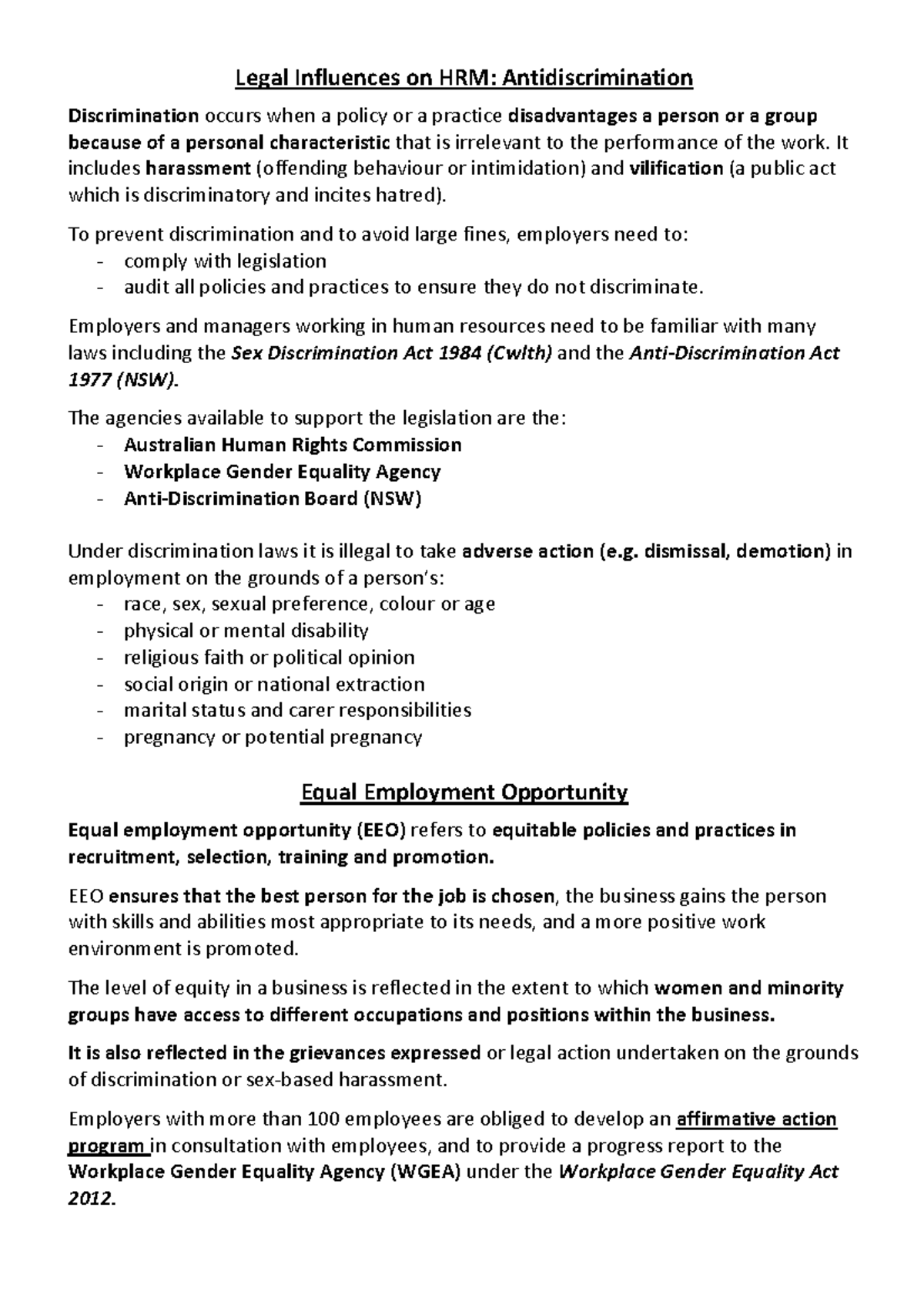 Antidiscrimination and EEO Handout (Legal Influences on HRM) - Legal ...