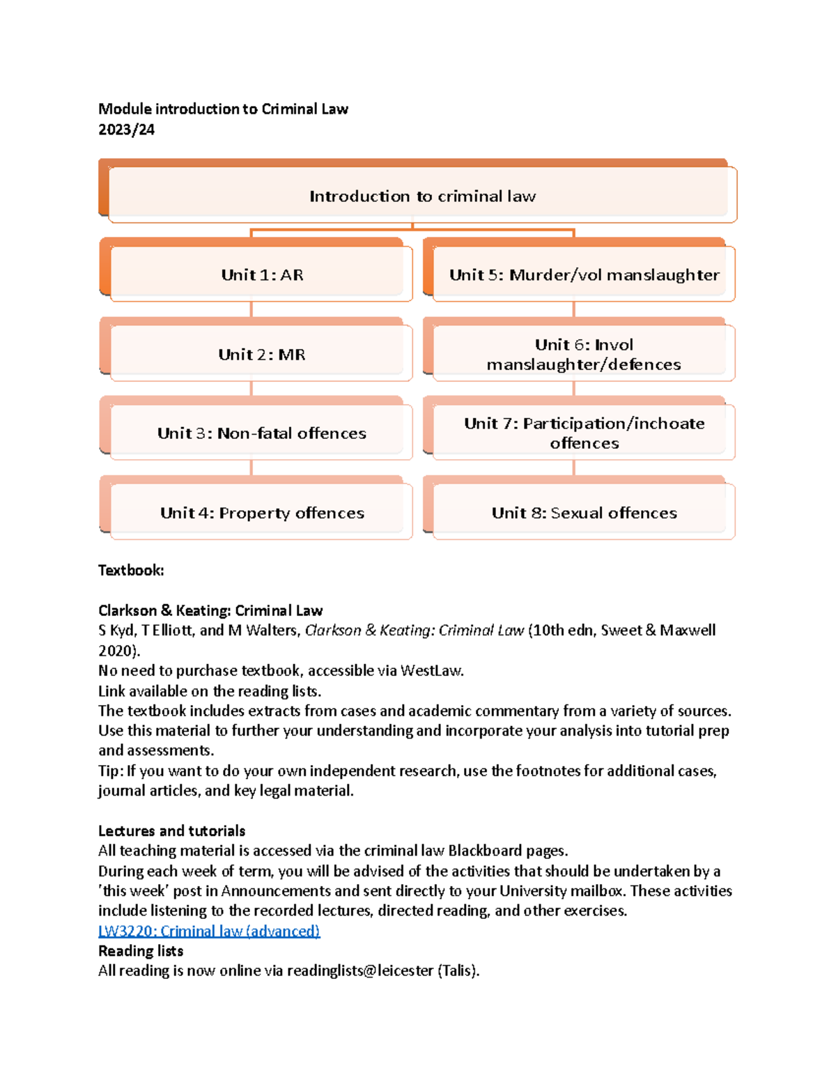 Criminal LAW - Module introduction to Criminal Law 2023/ Textbook: Clarkson & Keating: Criminal ...