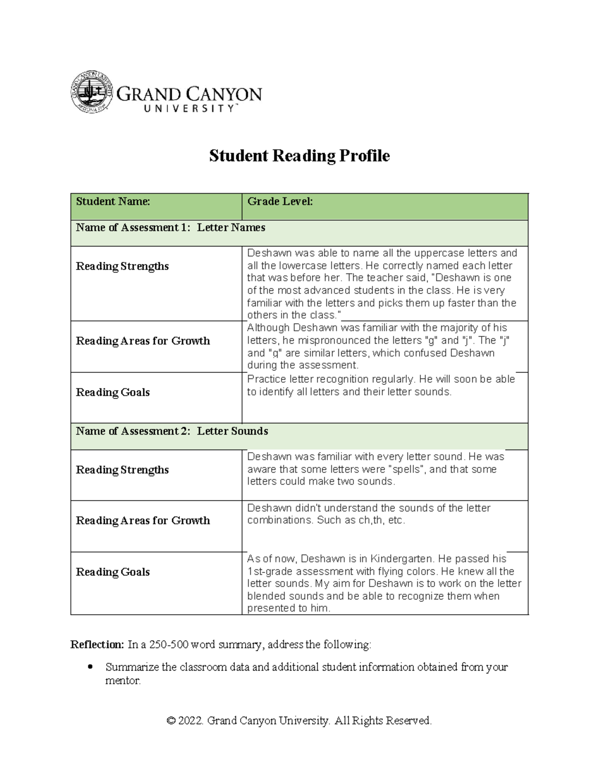 Part 2 Analyzing Assessment Data - Student Reading Profile Student Name ...