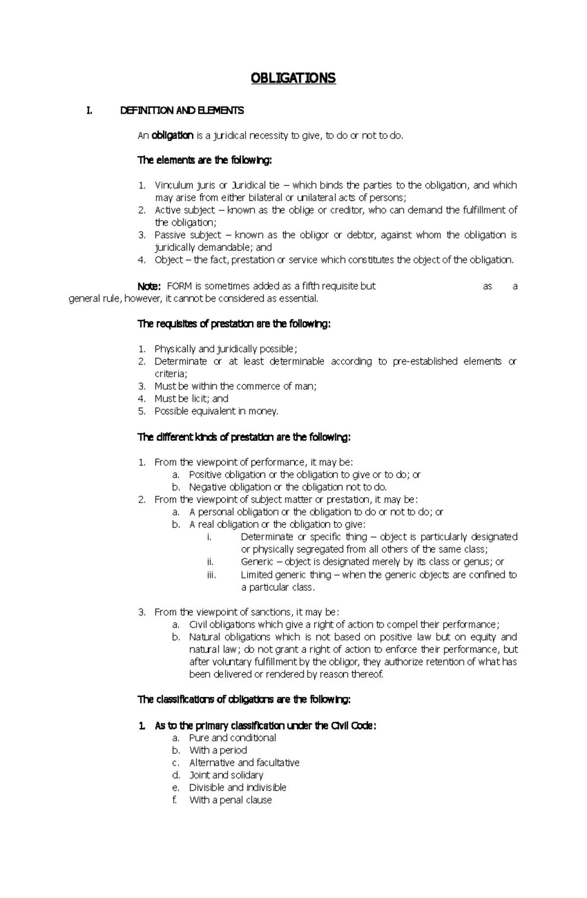 The Law on Obligations and Contracts - OBLIGATIONS I. DEFINITION AND ...