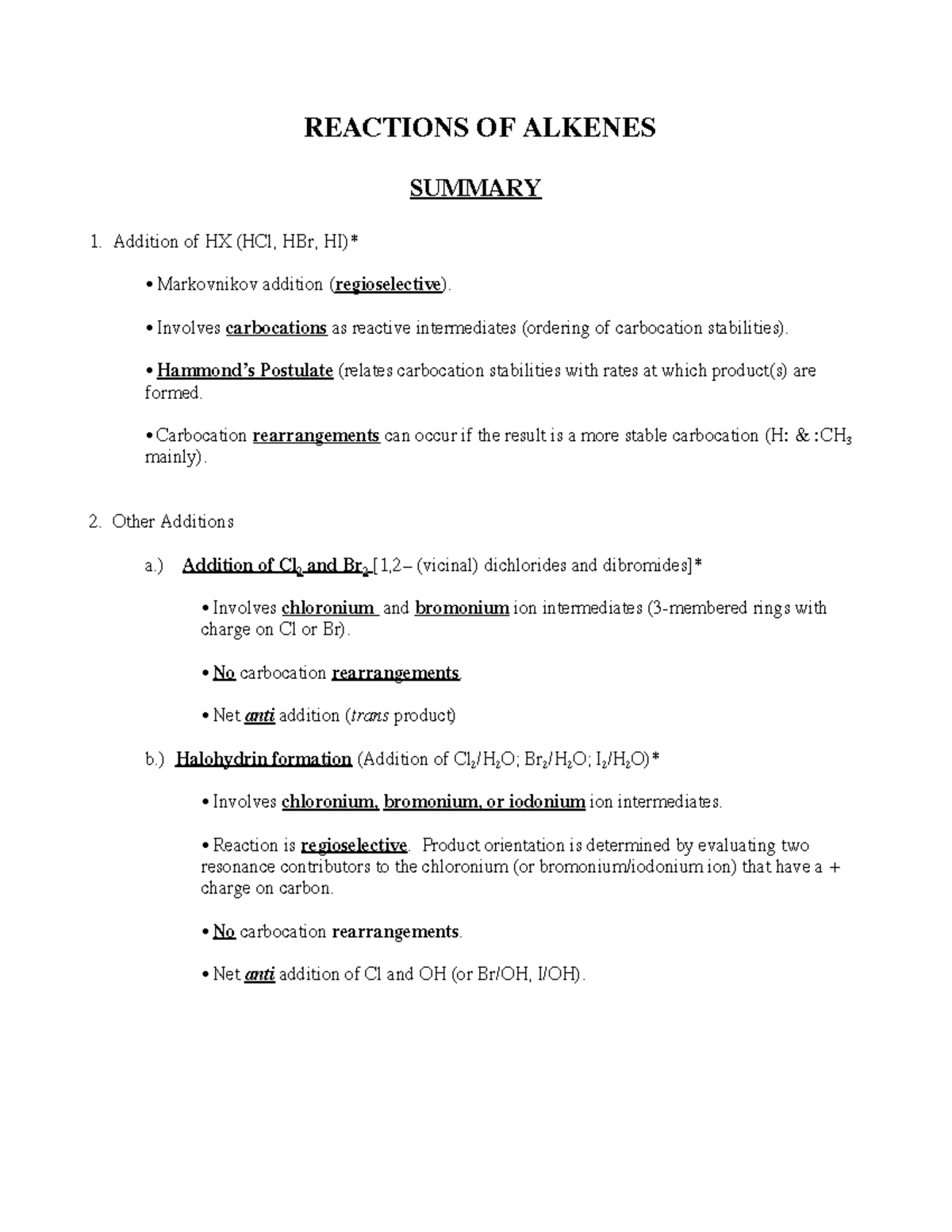 Alkene Rxn Sum 1 - REACTIONS OF ALKENES SUMMARY 1. Addition of HX (HCl ...