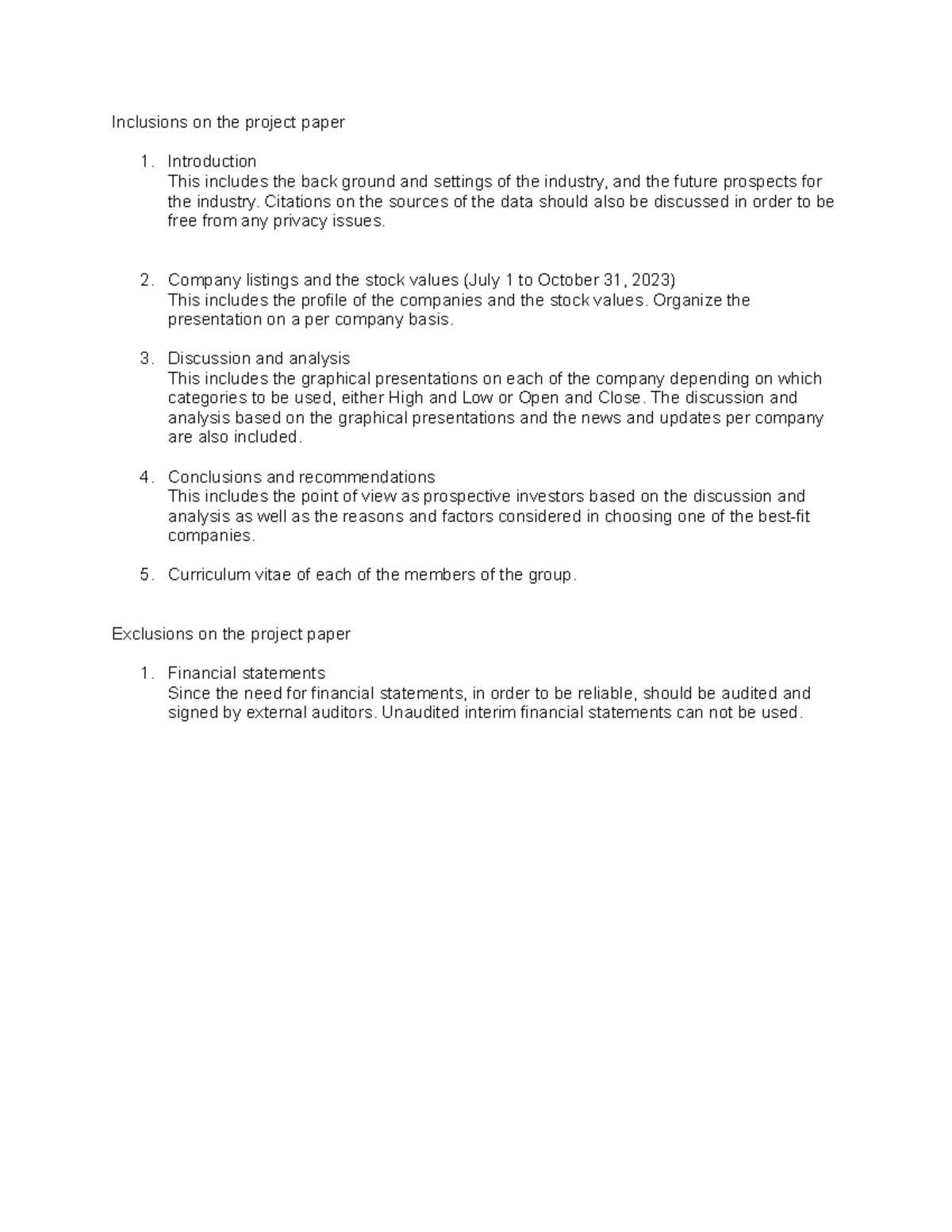 Inclusions and exclusions on the project paper - Inclusions on the ...