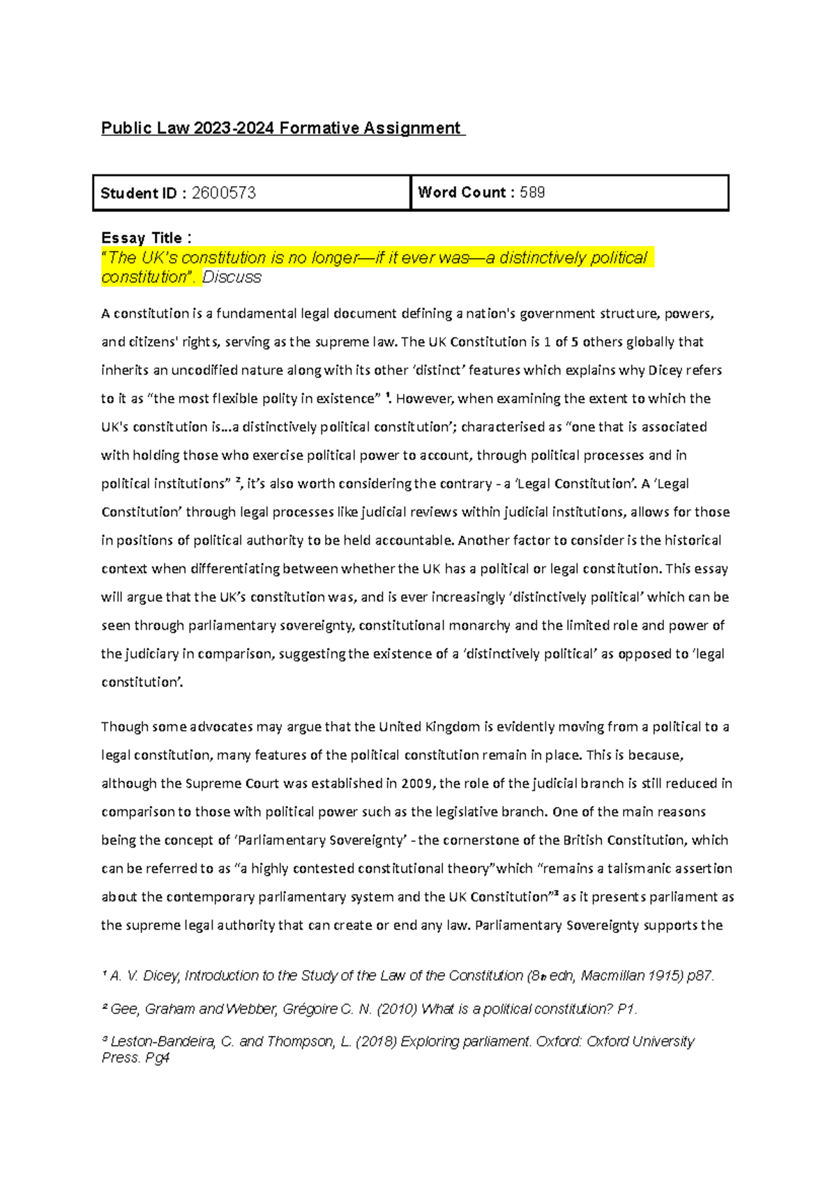 Public Law 2023-2024 Formative Assignment - Discuss A constitution is a ...