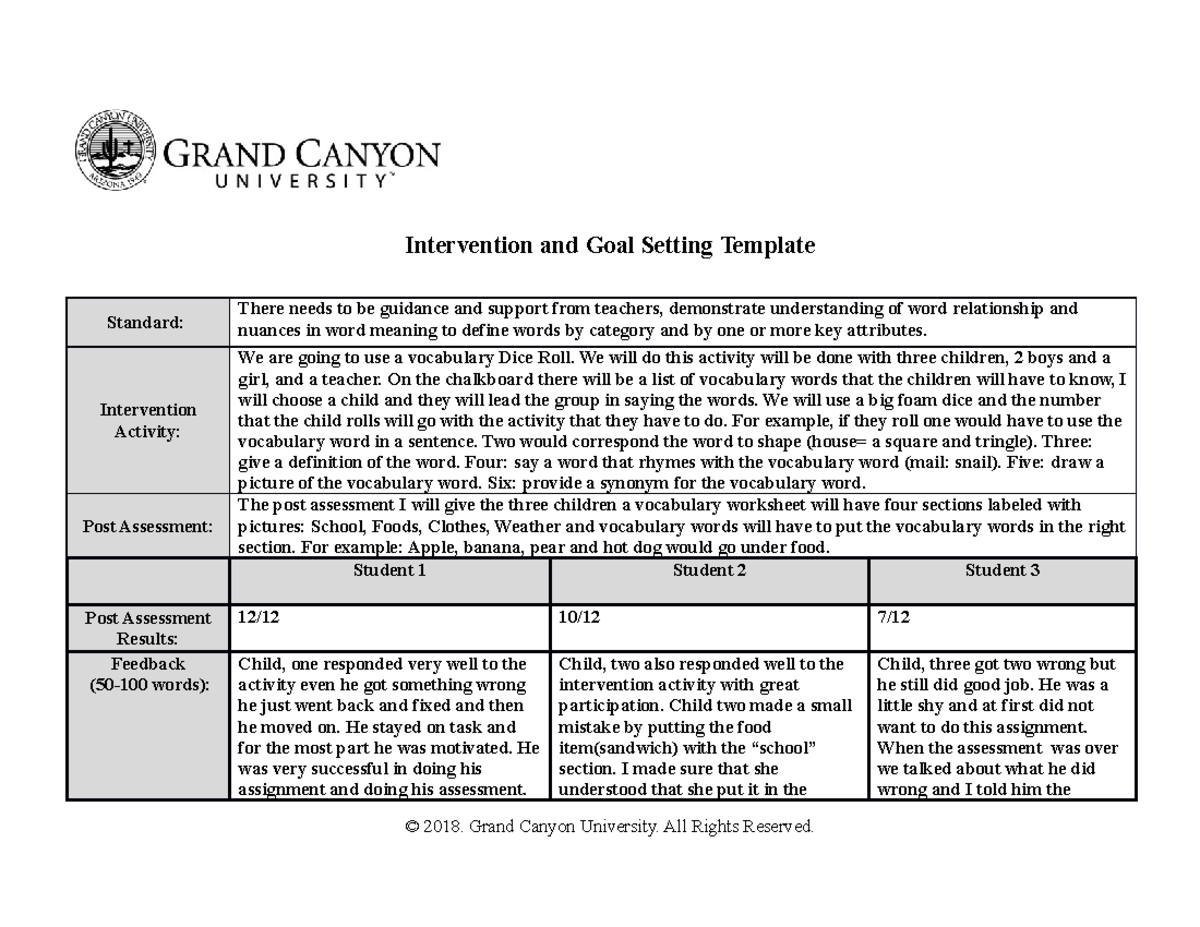 Clincal Field DInterventionand Goal Template - Intervention and Goal ...