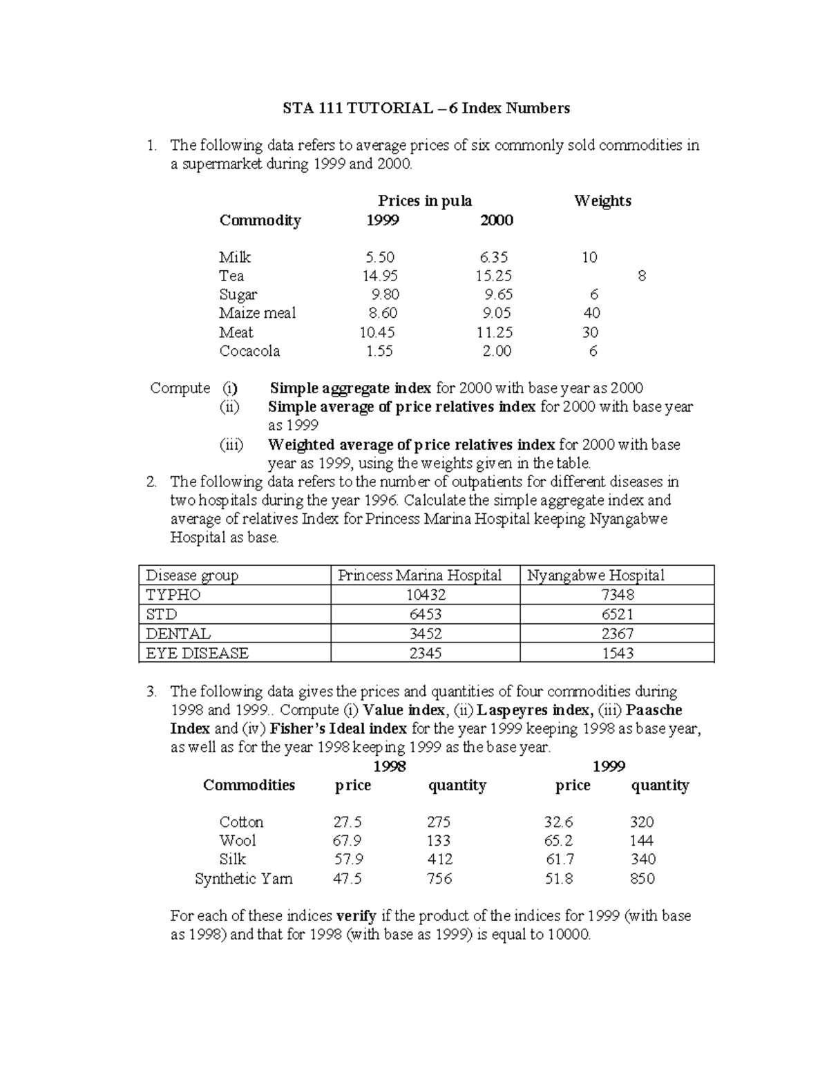 STA 111 Tutorial 6 Index numbers - STA 111 TUTORIAL – 6 Index Numbers ...