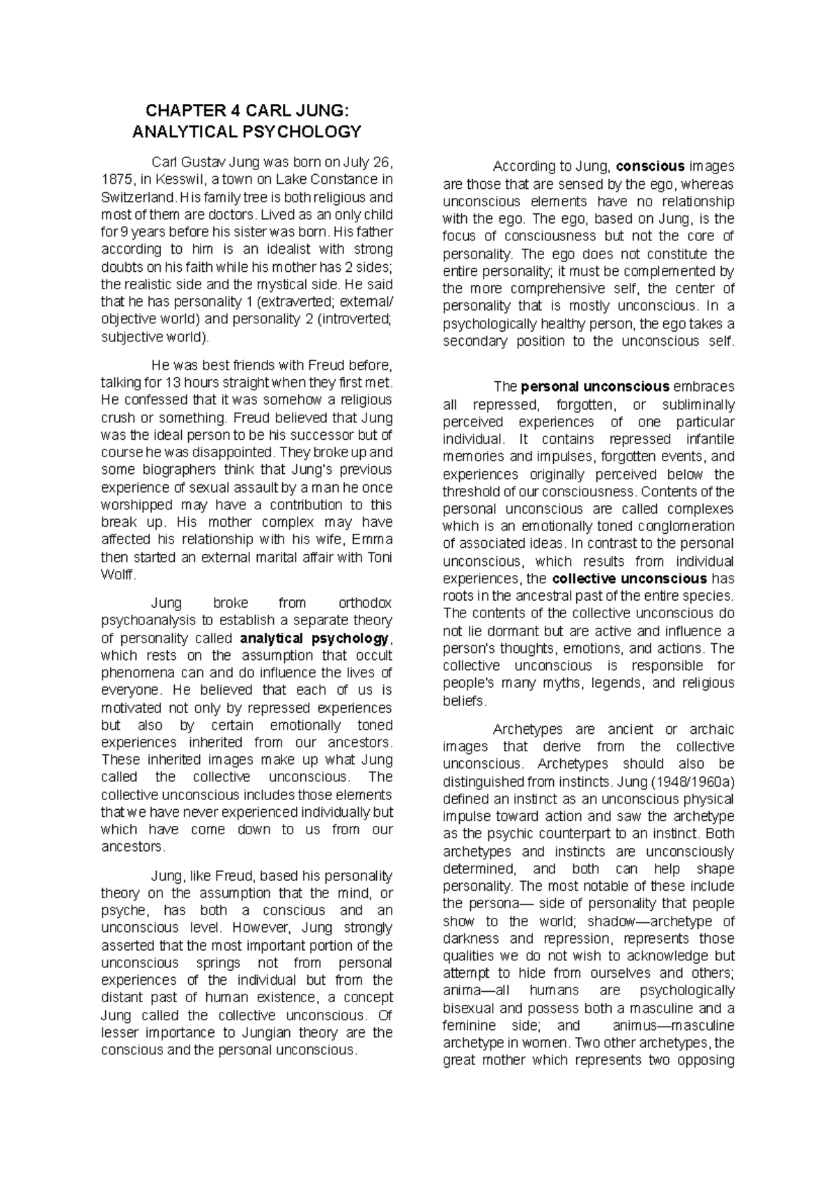 Chapt 4. JUNG - TOP - CHAPTER 4 CARL JUNG: ANALYTICAL PSYCHOLOGY Carl Gustav Jung was born on ...