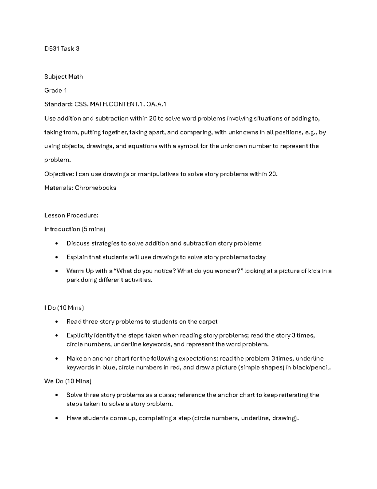 D631 Task 3 - task 3 - D631 Task 3 Subject Math Grade 1 Standard: CSS ...