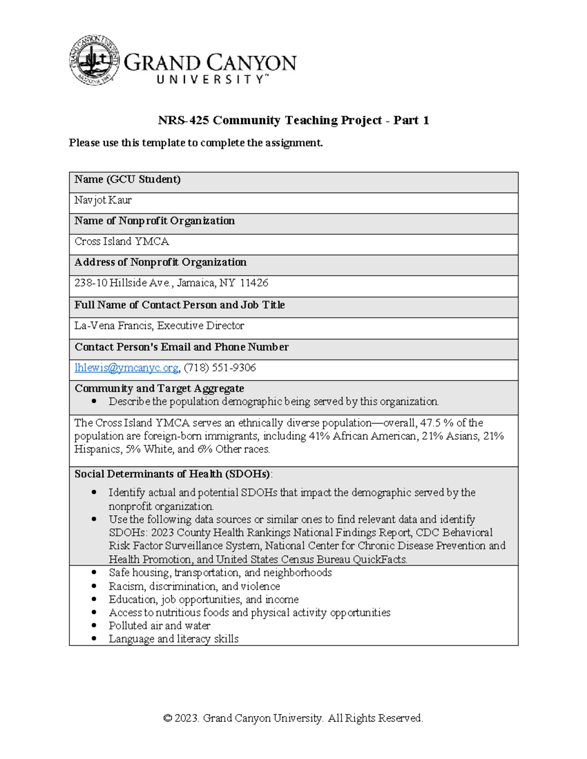 Benchmark - Community Teaching Project - Part 1 - NRS-425 Community ...