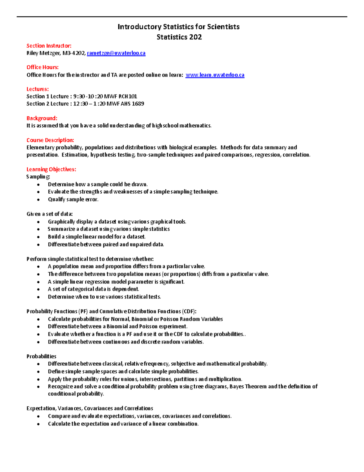 STAT 202 Course Outline - Section Instructor: Introductory Statistics ...