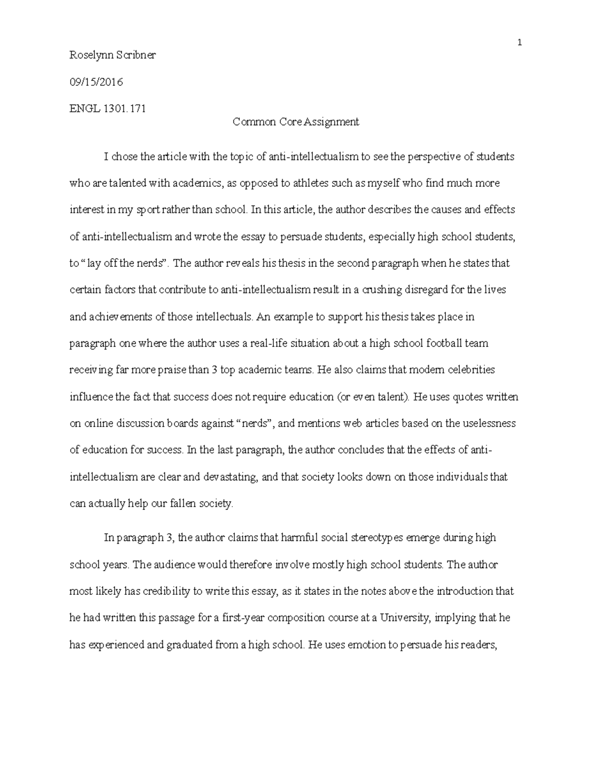 ENGL- Common Core assignment - 1 Roselynn Scribner 09/15/ ENGL 1301 ...