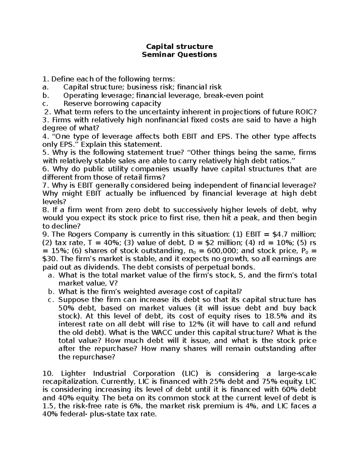 Capital structure Questions set 2 - Capital structure Seminar Questions ...