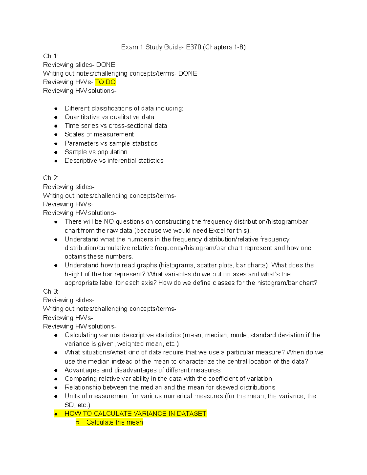 Exam 1 Study Guide- E370 (Ch. 1-6) - Exam 1 Study Guide- E370 (Chapters ...