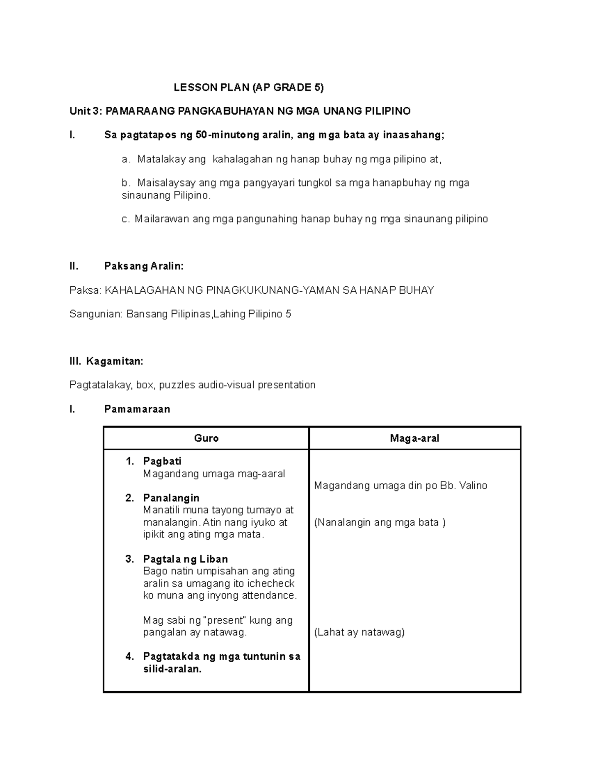 FS 2 Lesson PLAN (DEMO) - guide - LESSON PLAN (AP GRADE 5) Unit 3 ...