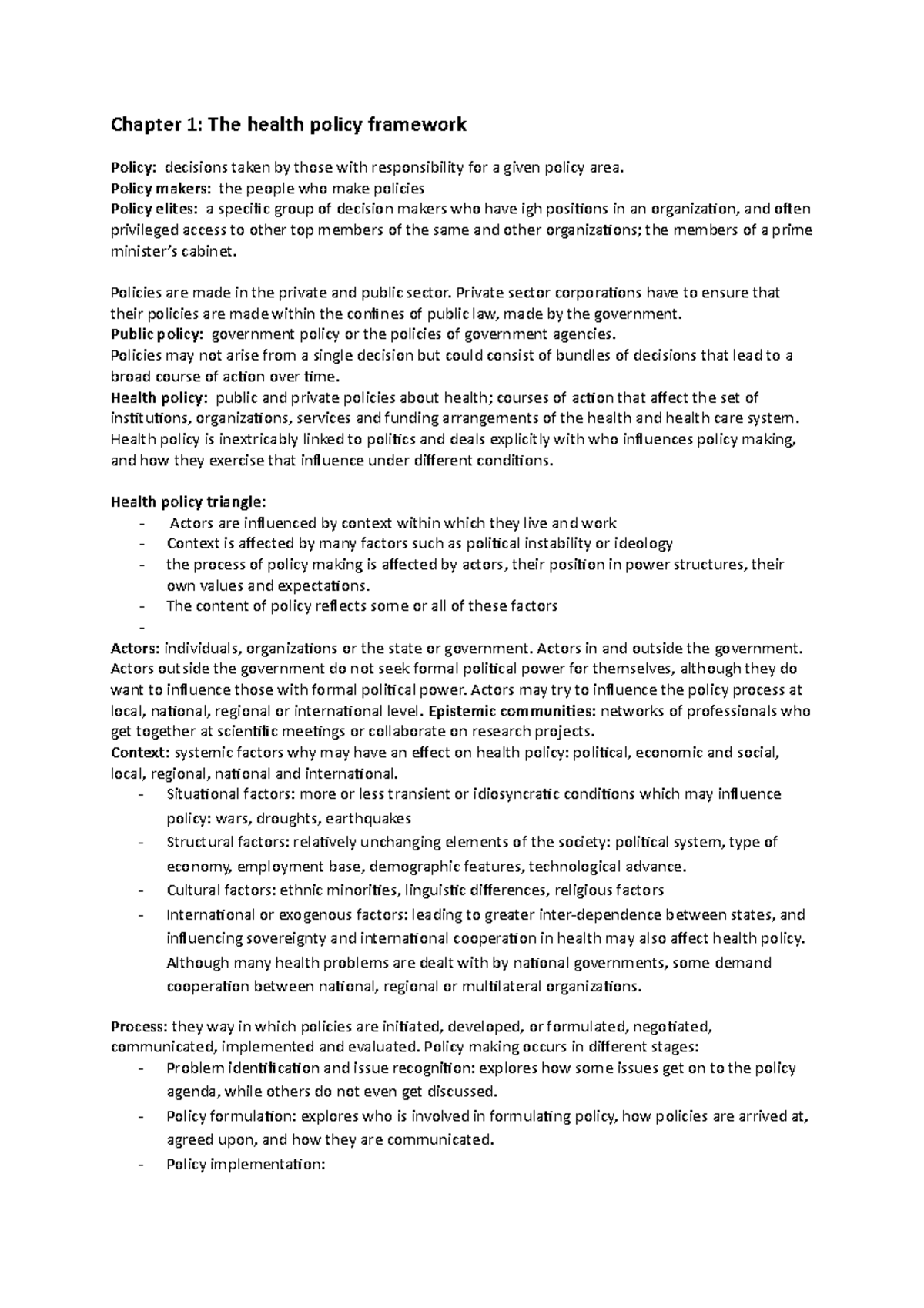 Summary Making health policy - Chapter 1: The health policy framework ...