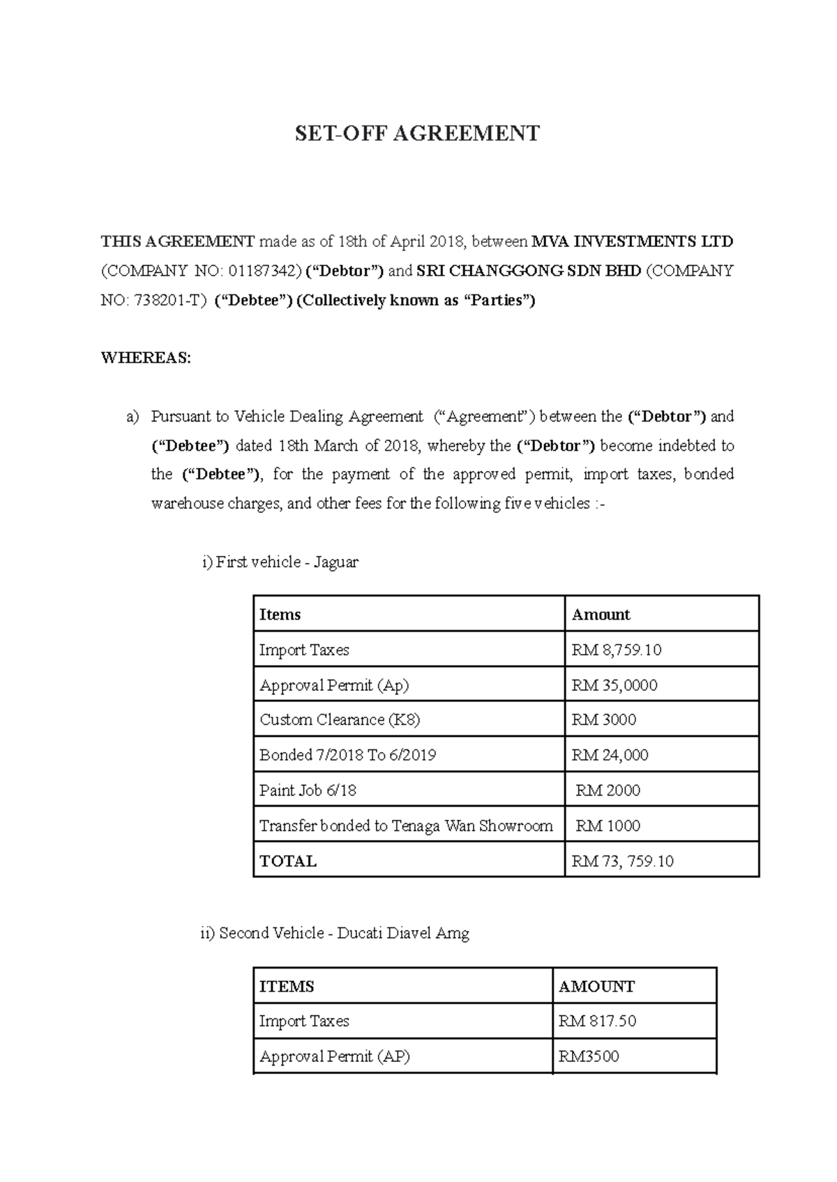 Offset agreement - nbyvvgh - SET-OFF AGREEMENT THIS AGREEMENT made as ...