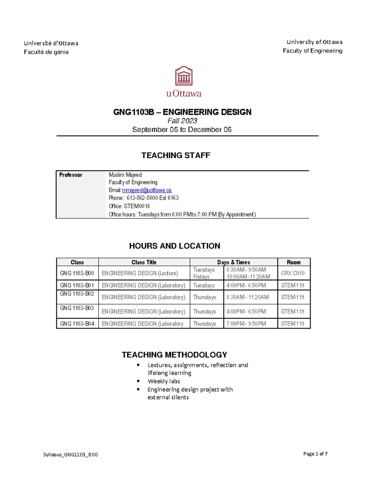 Syllabus GNG1103 B00 Fall 2023 - GNG1103B – ENGINEERING DESIGN Fall 2023 September 06 to ...