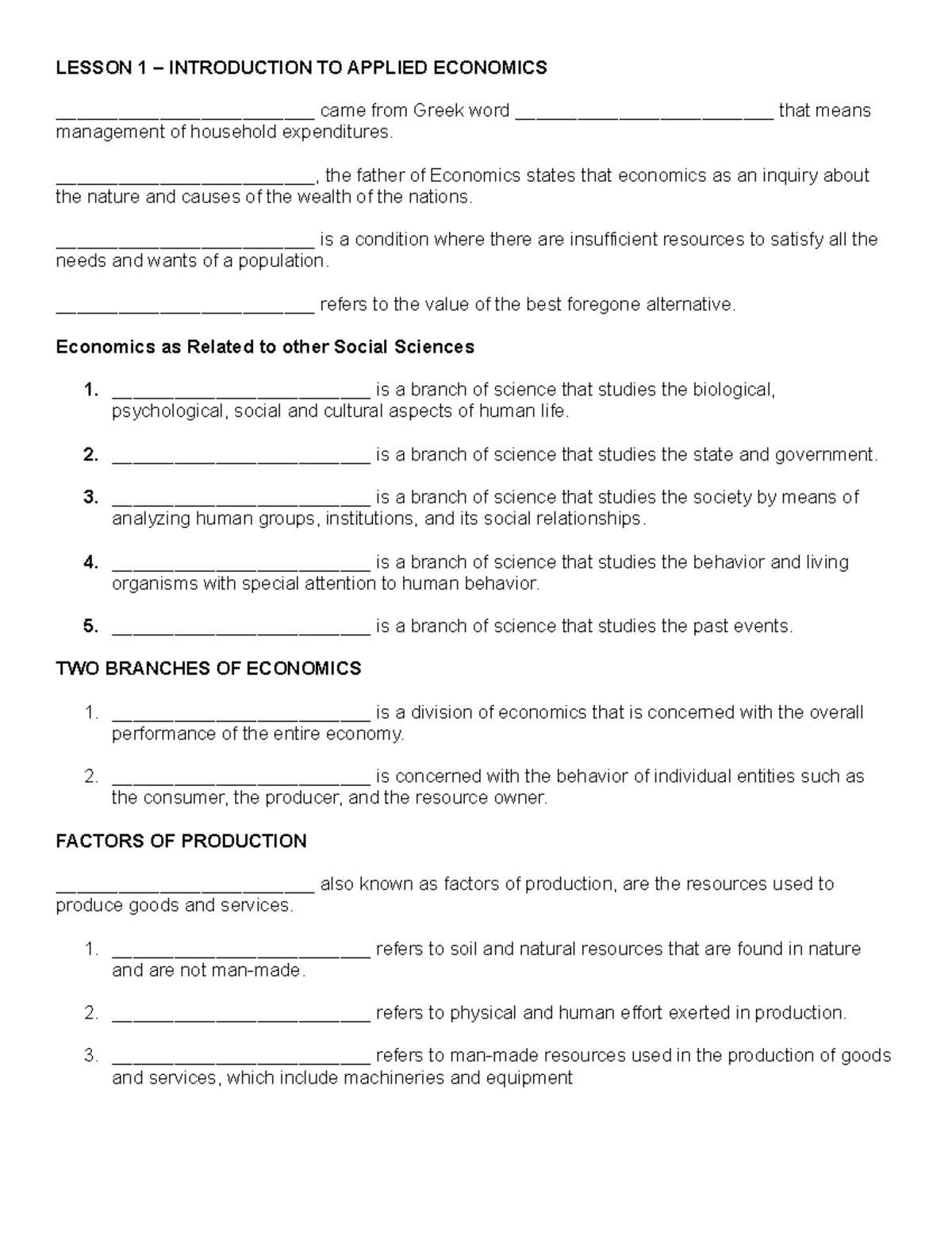Lesson 1 in Applied Economics - LESSON 1 – INTRODUCTION TO APPLIED ...