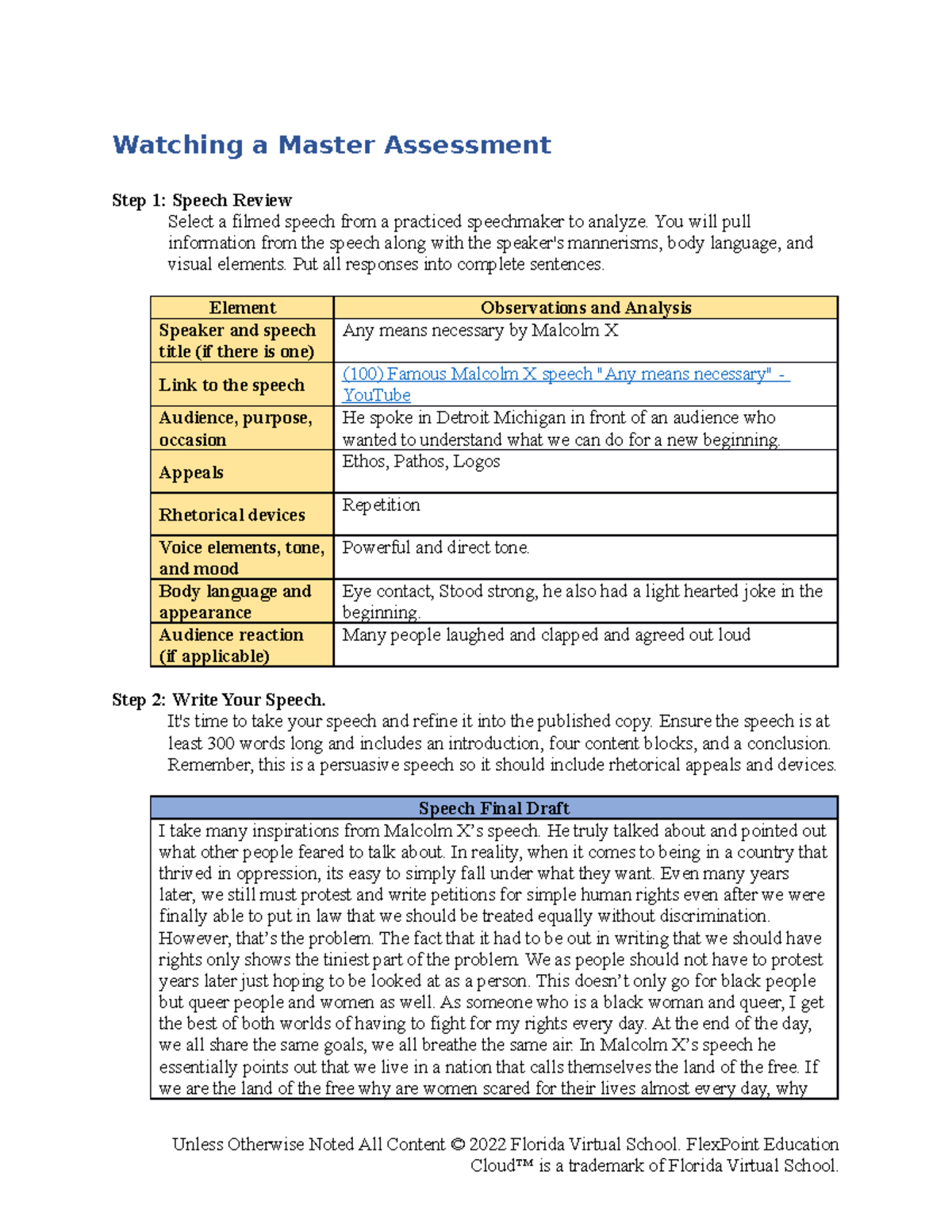 Watching a master - done - Watching a Master Assessment Step 1: Speech ...