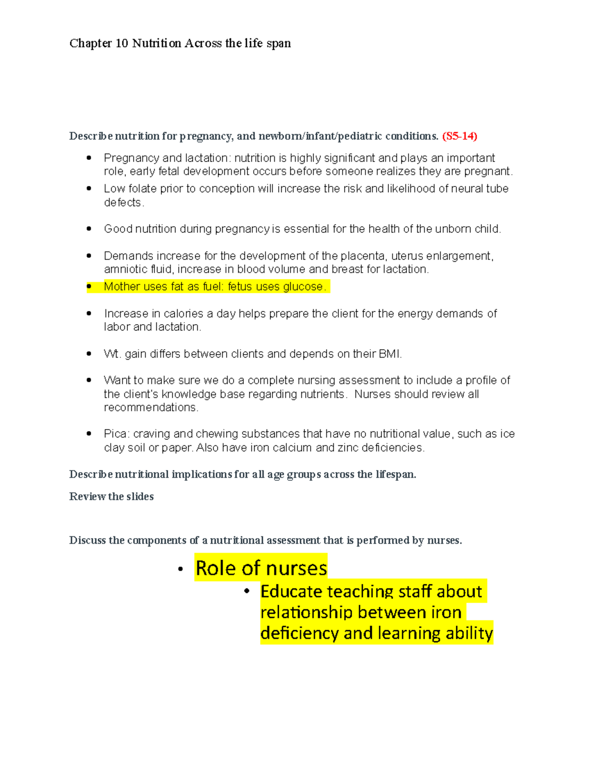 Ch 10 Objective study guide - Chapter 10 Nutrition Across the life span ...
