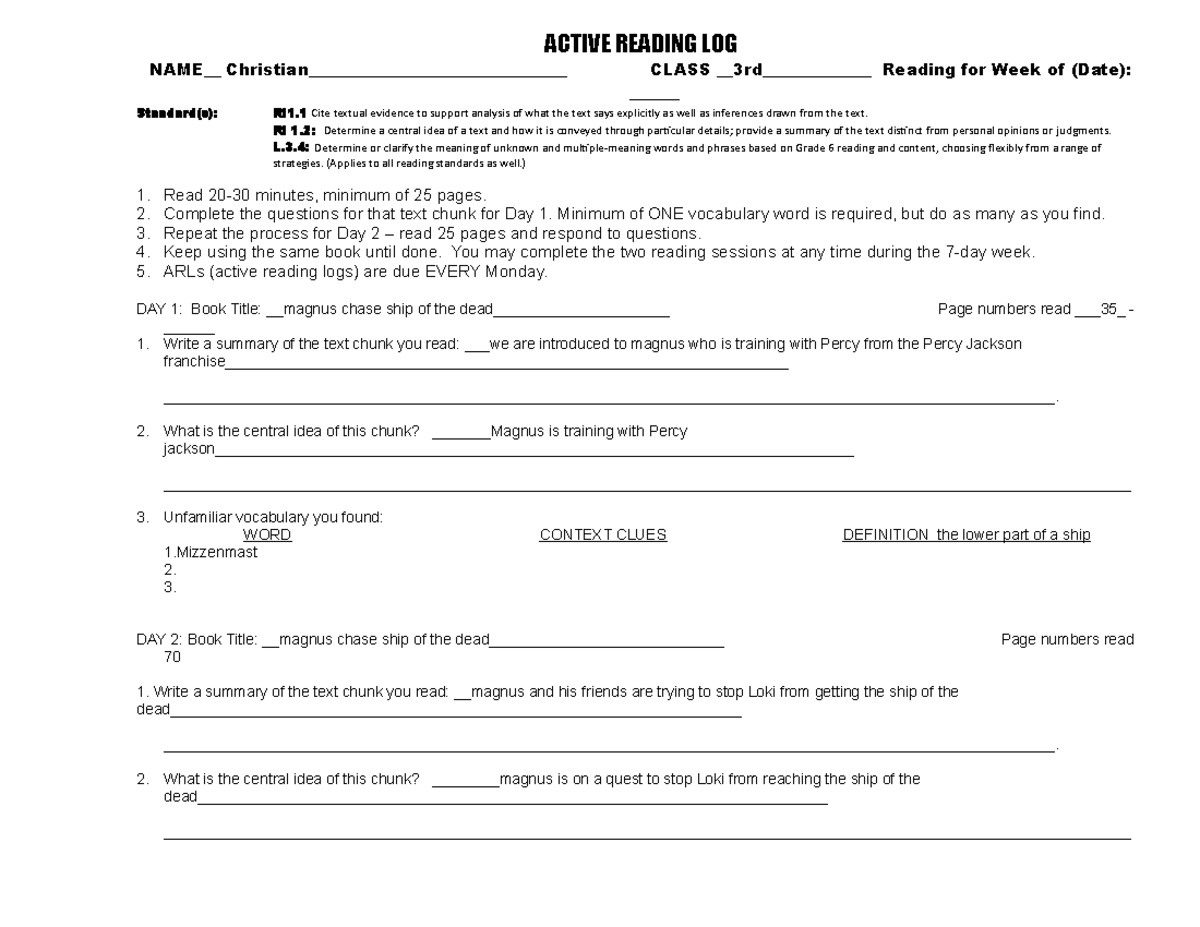 Arl - nuyt - ACTIVE READING LOG NAME__ Christian ...