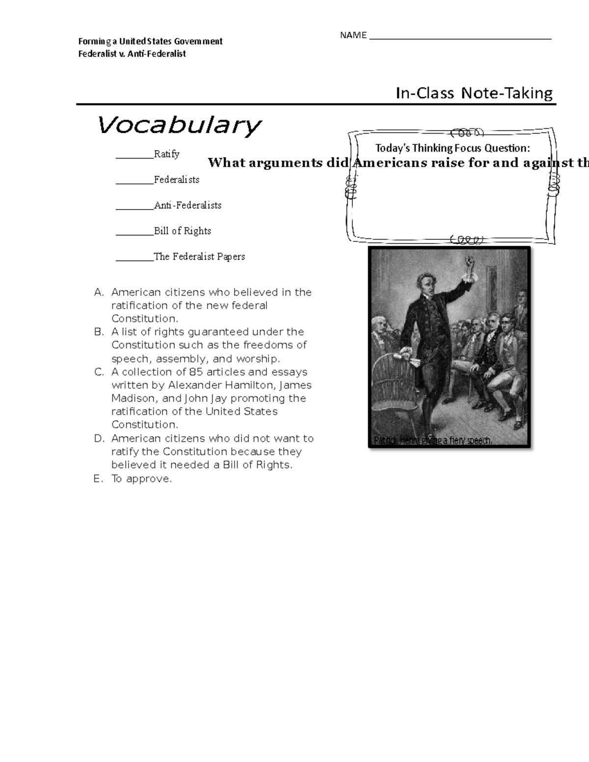 Feds vs. Anti-Feds Interactive Handout - Forming a United States ...