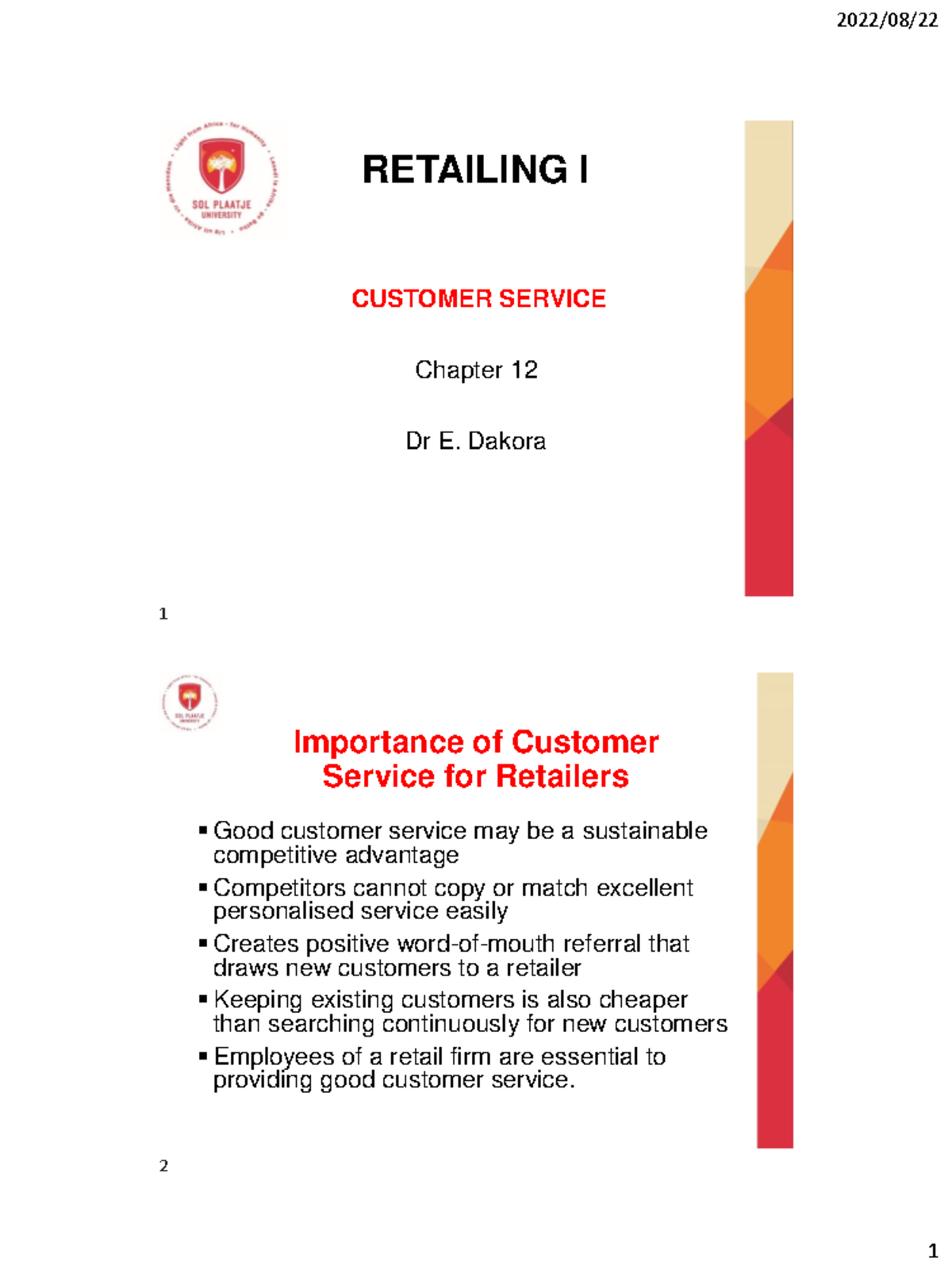 Chapter 12 Customer Service - RETAILING I CUSTOMER SERVICE Chapter 12 ...