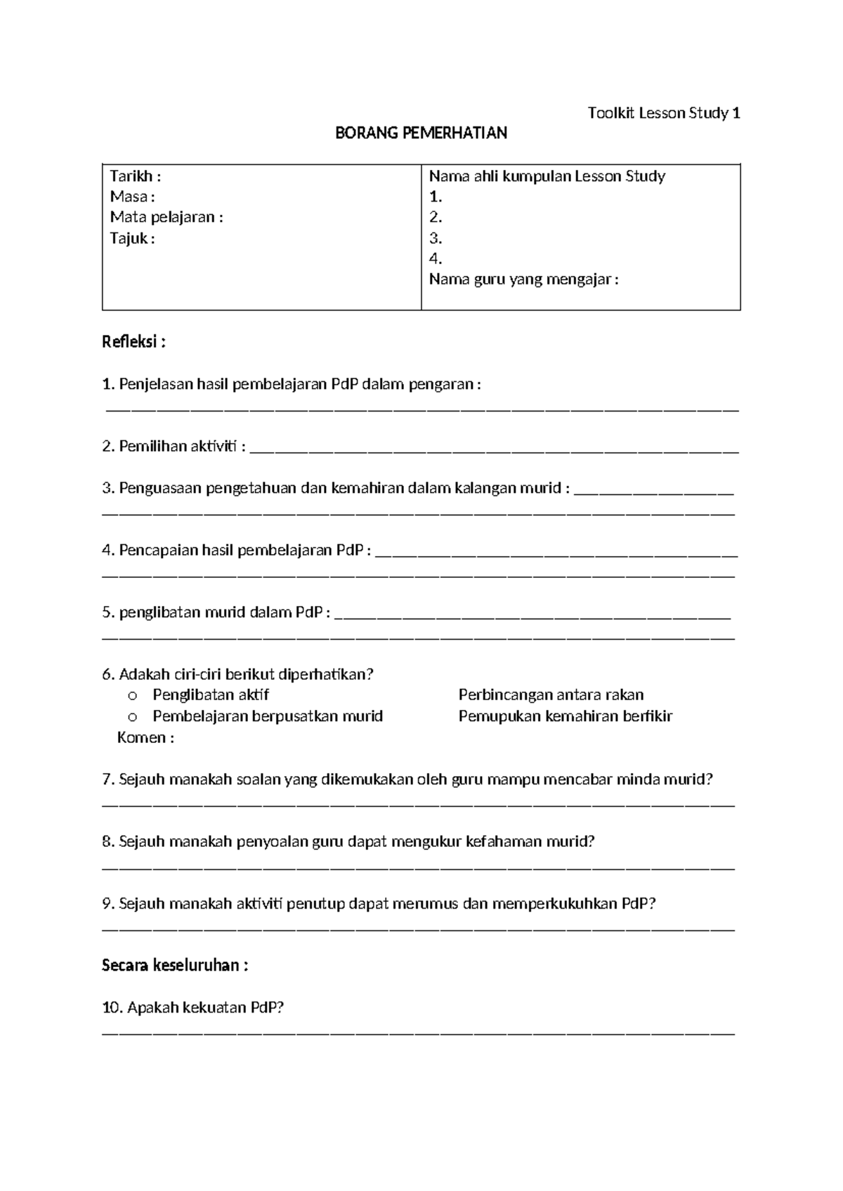 Borang pemerhatian Lesson study - Toolkit Lesson Study 1 BORANG ...