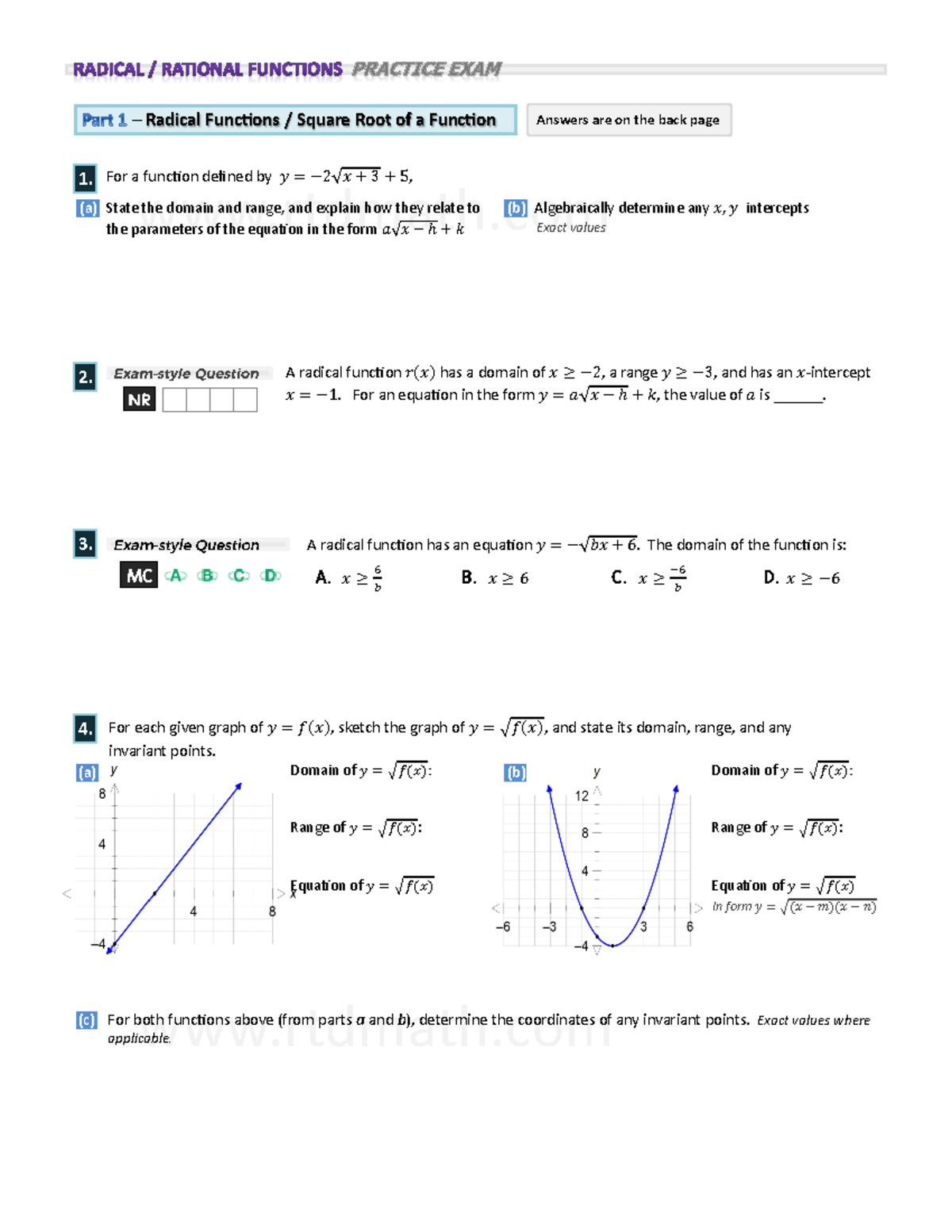 Rational Functions Practice Exam - rtdmath rtdmath For each given graph ...