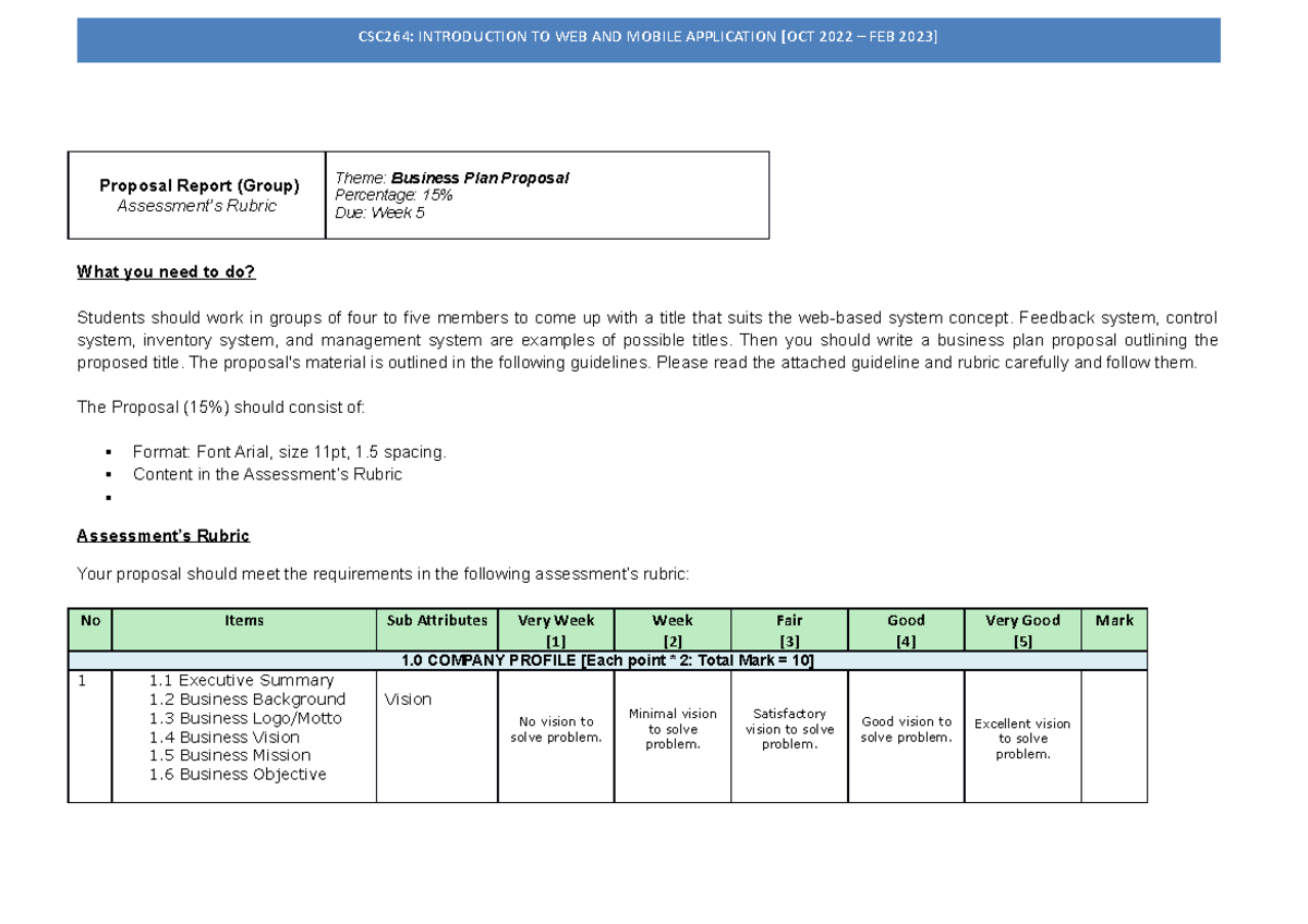 MAC 2023 CSC264 Project Group Business Proposal description and - Proposal Report (Group) - Studocu