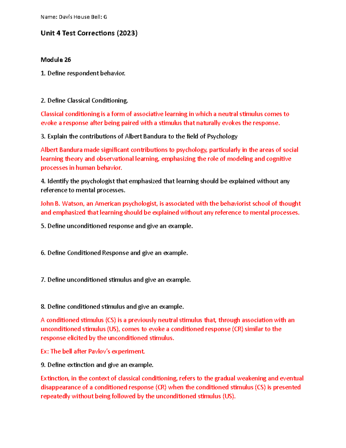 Unit 4 Test Corrections - Name: Davis House Bell: G Unit 4 Test ...