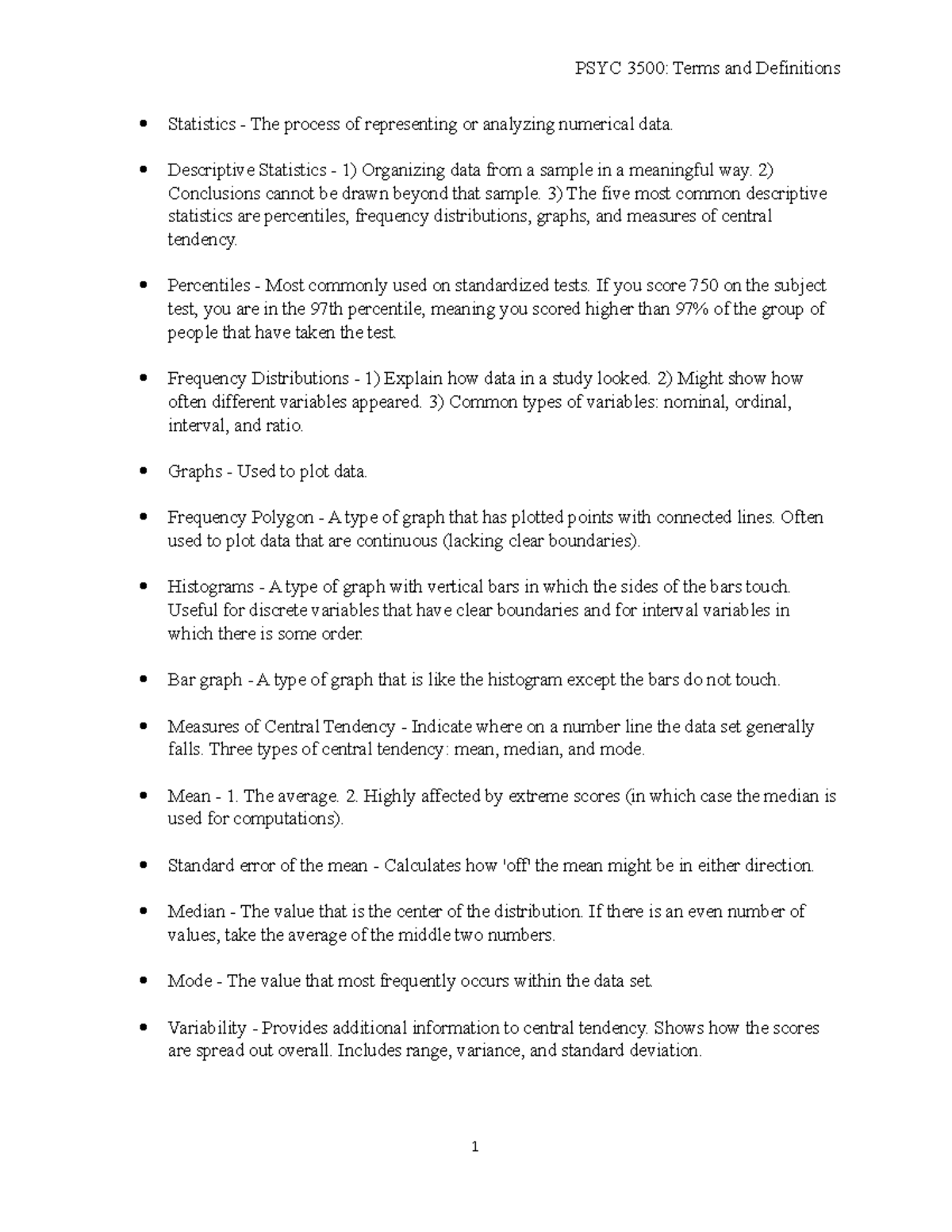 Psy 3500 Terms Statistics The Process Of Representing Or Analyzing
