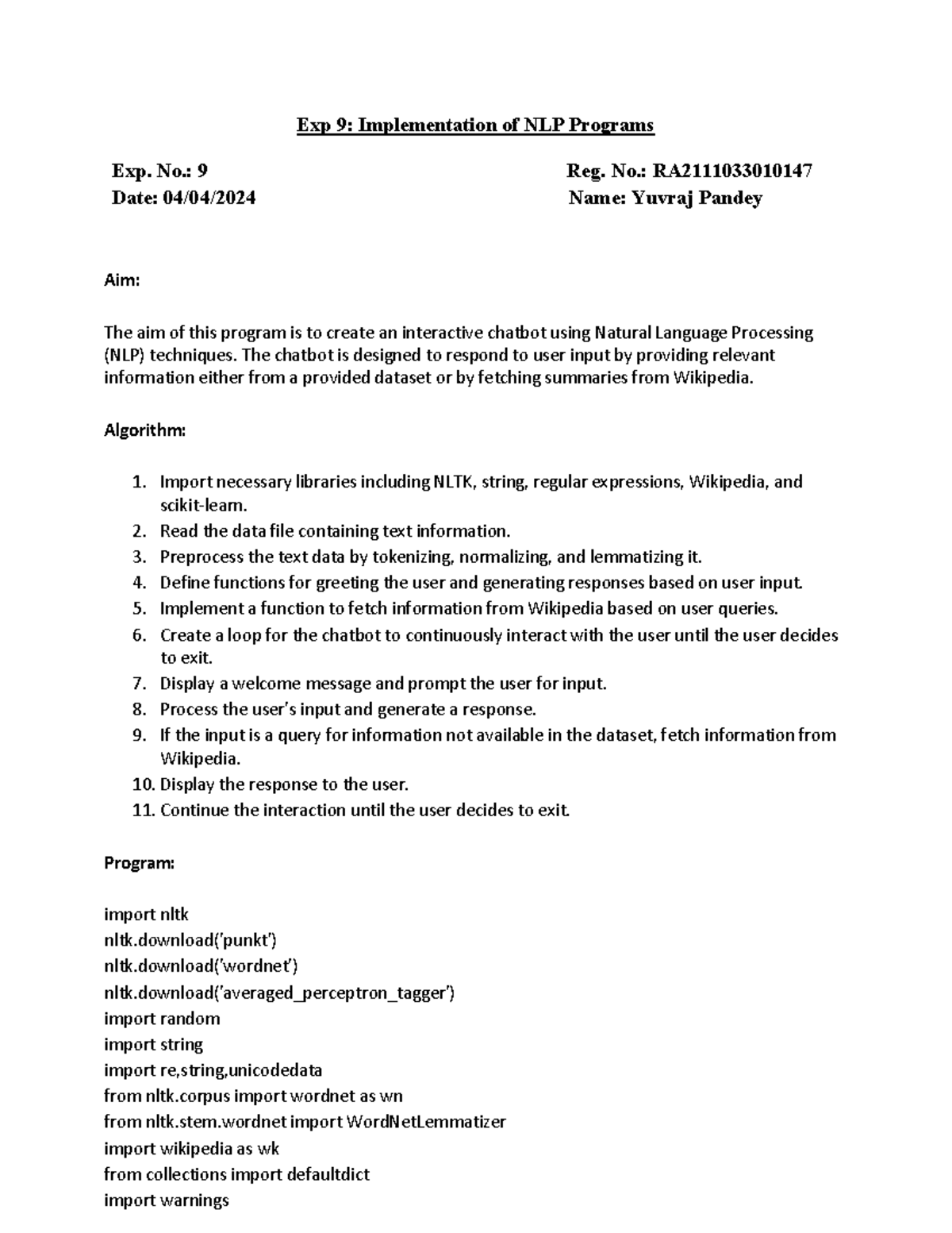 Ai Lab Exp 9 All Practical Material Exp 9 Implementation Of Nlp Programs Exp No 9 Reg