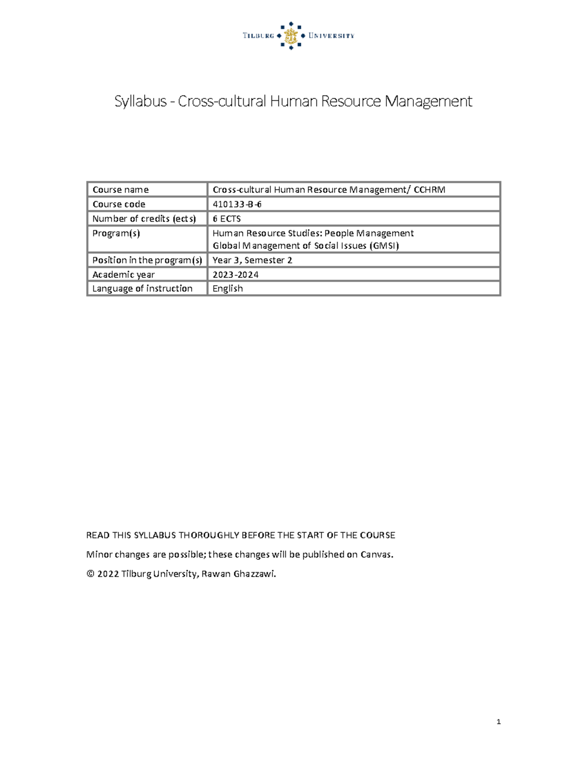 Cchrm-Course syllabus 20240131 - Syllabus - Cross-cultural Human Resource Management Course name ...