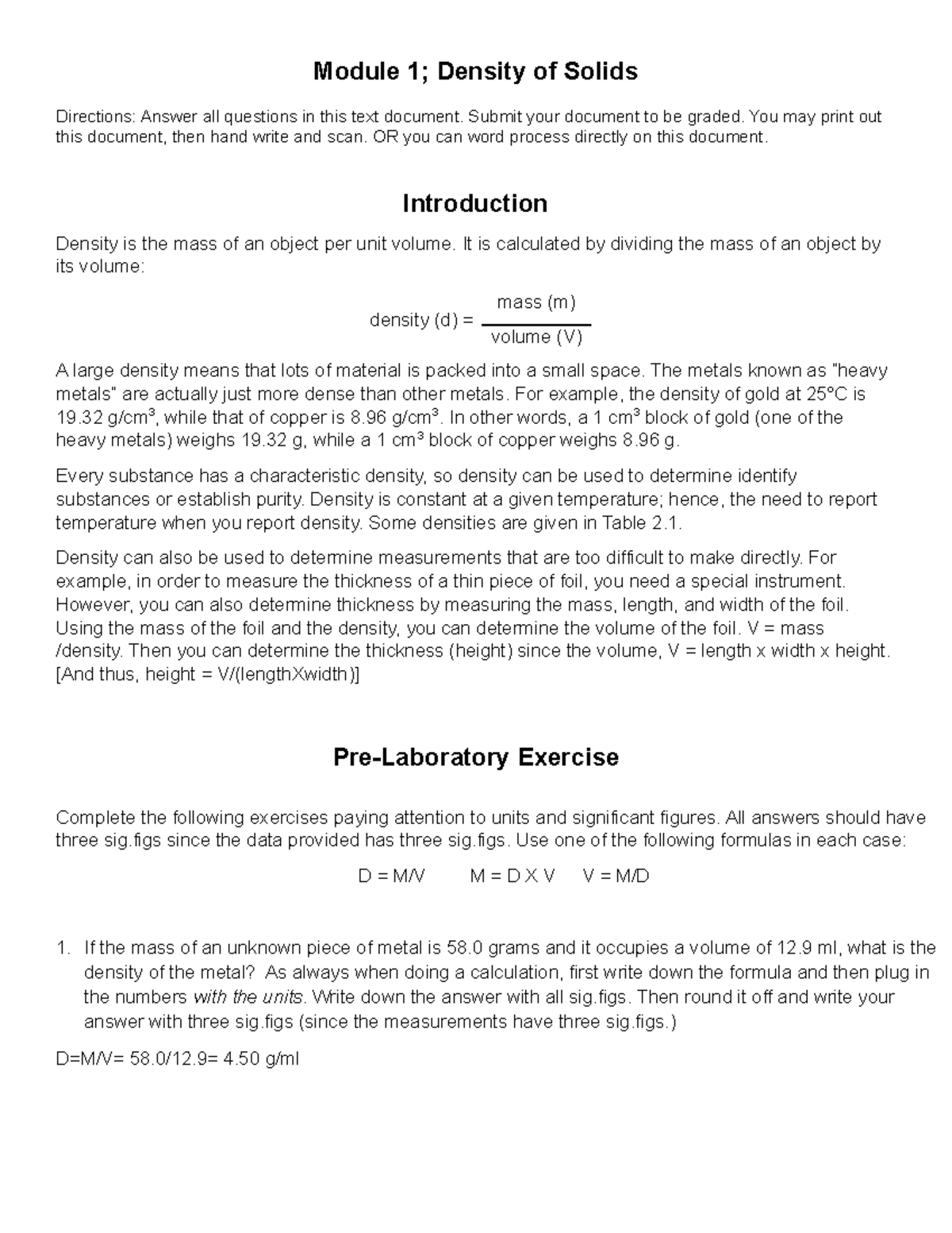 Module 1 Density of Solids (1) - Module 1; Density of Solids Directions ...