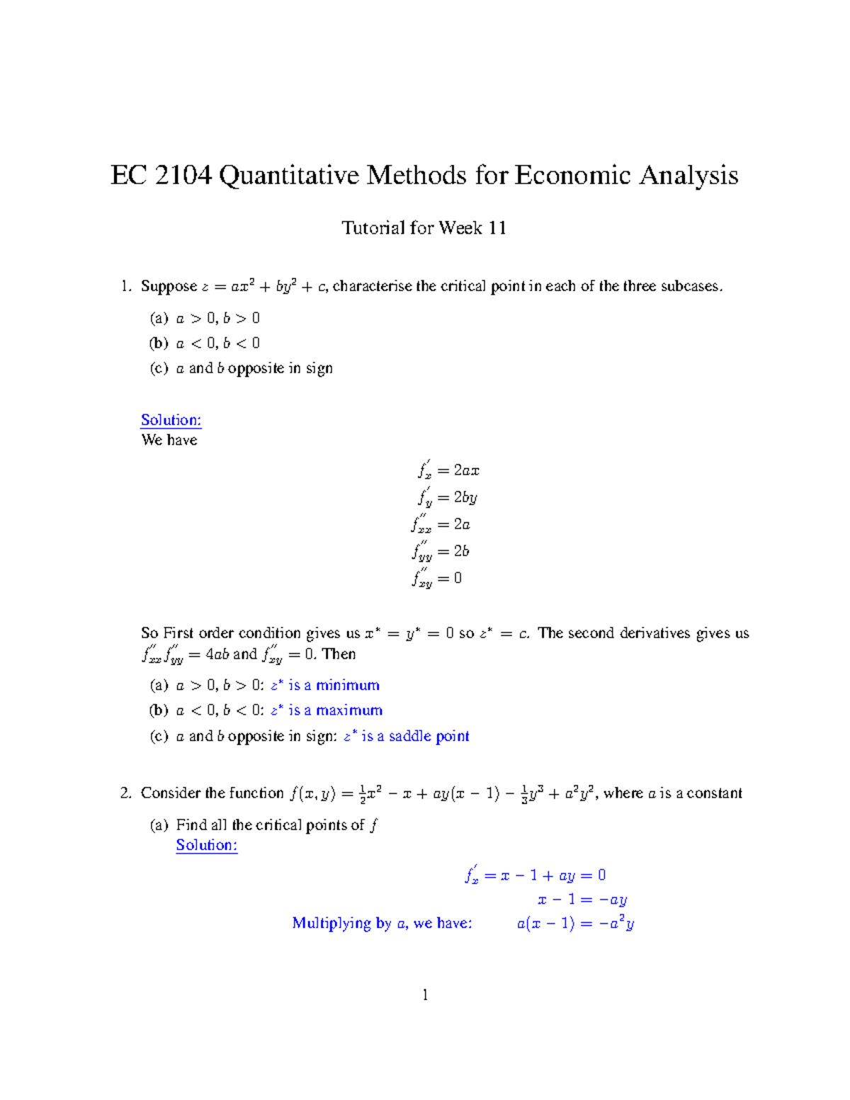 Week 11 Solutions - EC 2104 Quantitative Methods for Economic Analysis Tutorial for Week 11 ...