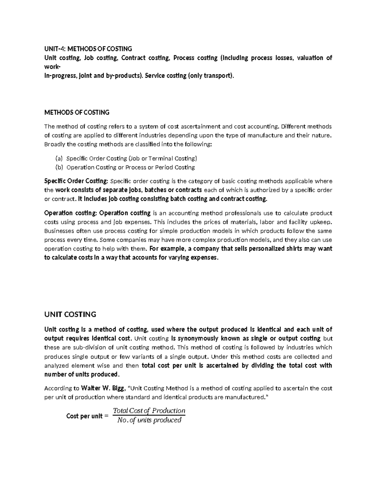 UNIT IV - cost accounting notes - UNIT-4: METHODS OF COSTING Unit ...