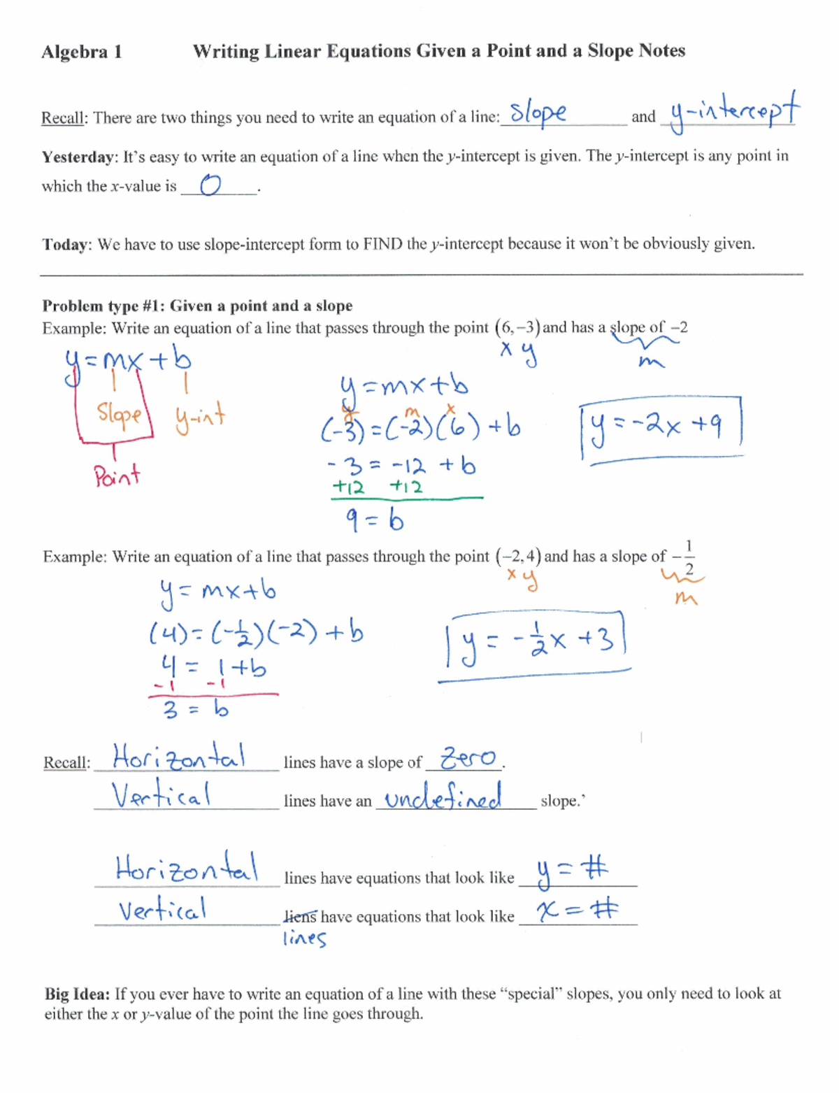 09-26-16. Writing equation given a point and a slope Completed - Studocu