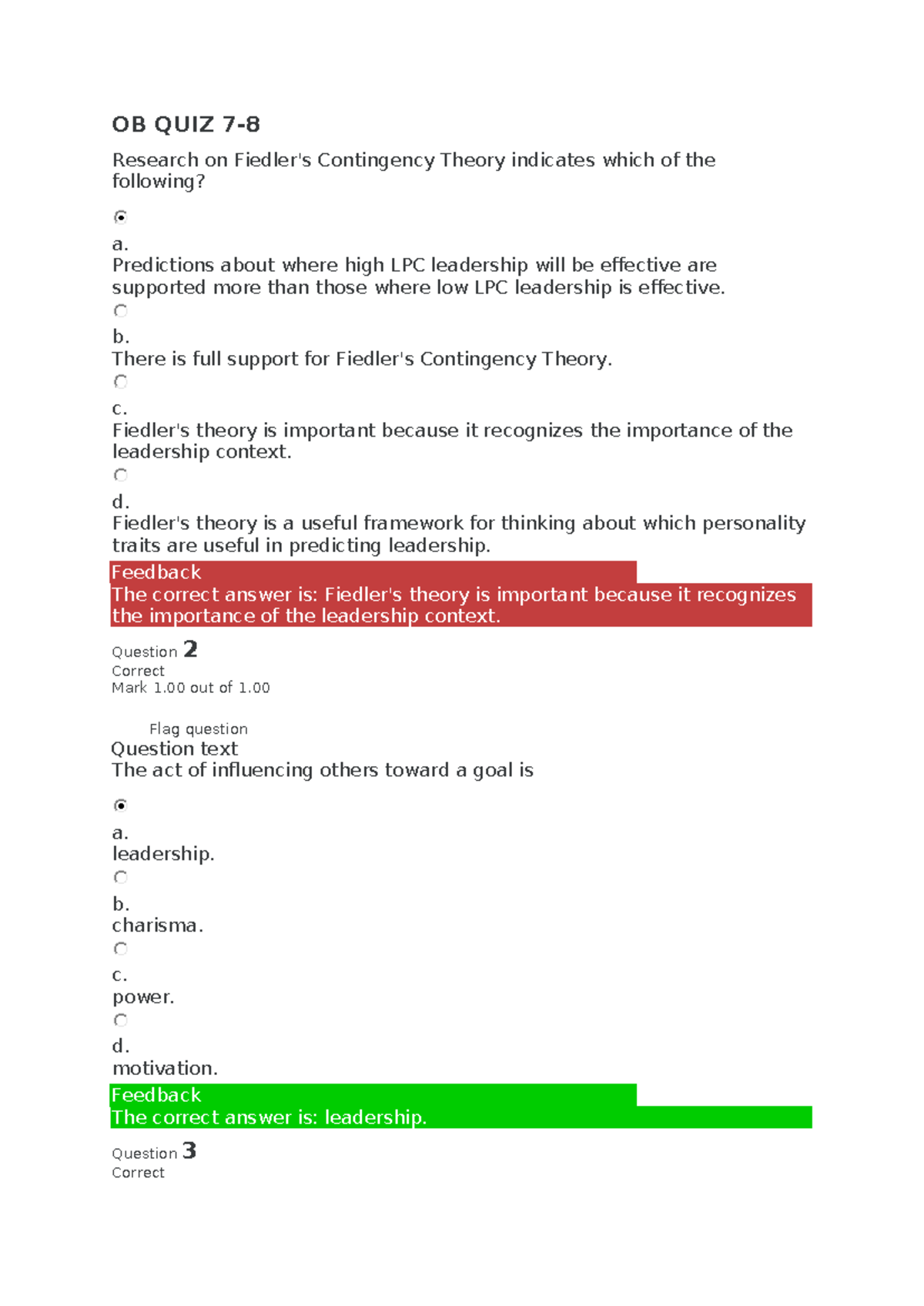 OB QUIZ 7 - quiz - OB QUIZ 7- Research on Fiedler's Contingency Theory ...