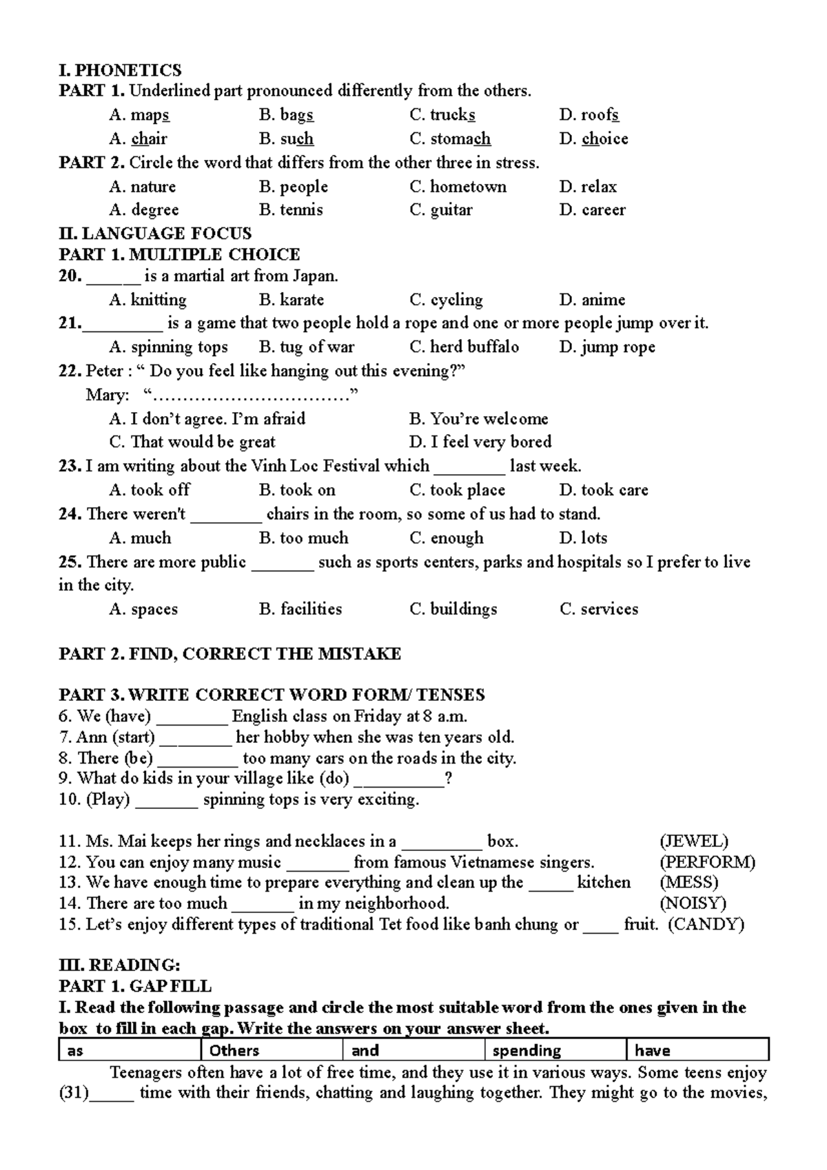 Mock test for midterm 8th grade - I. PHONETICS PART 1. Underlined part ...