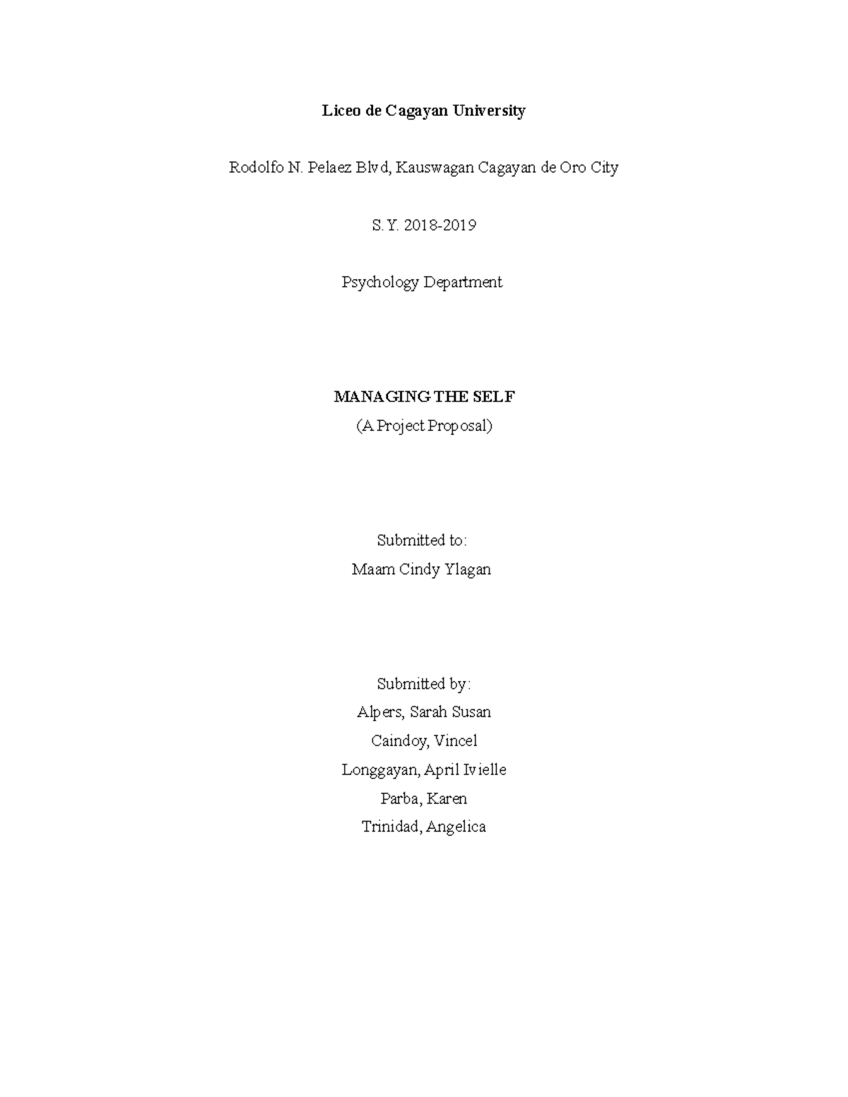 PP UTS - Project proposal for Understanding the Self - Liceo de Cagayan ...