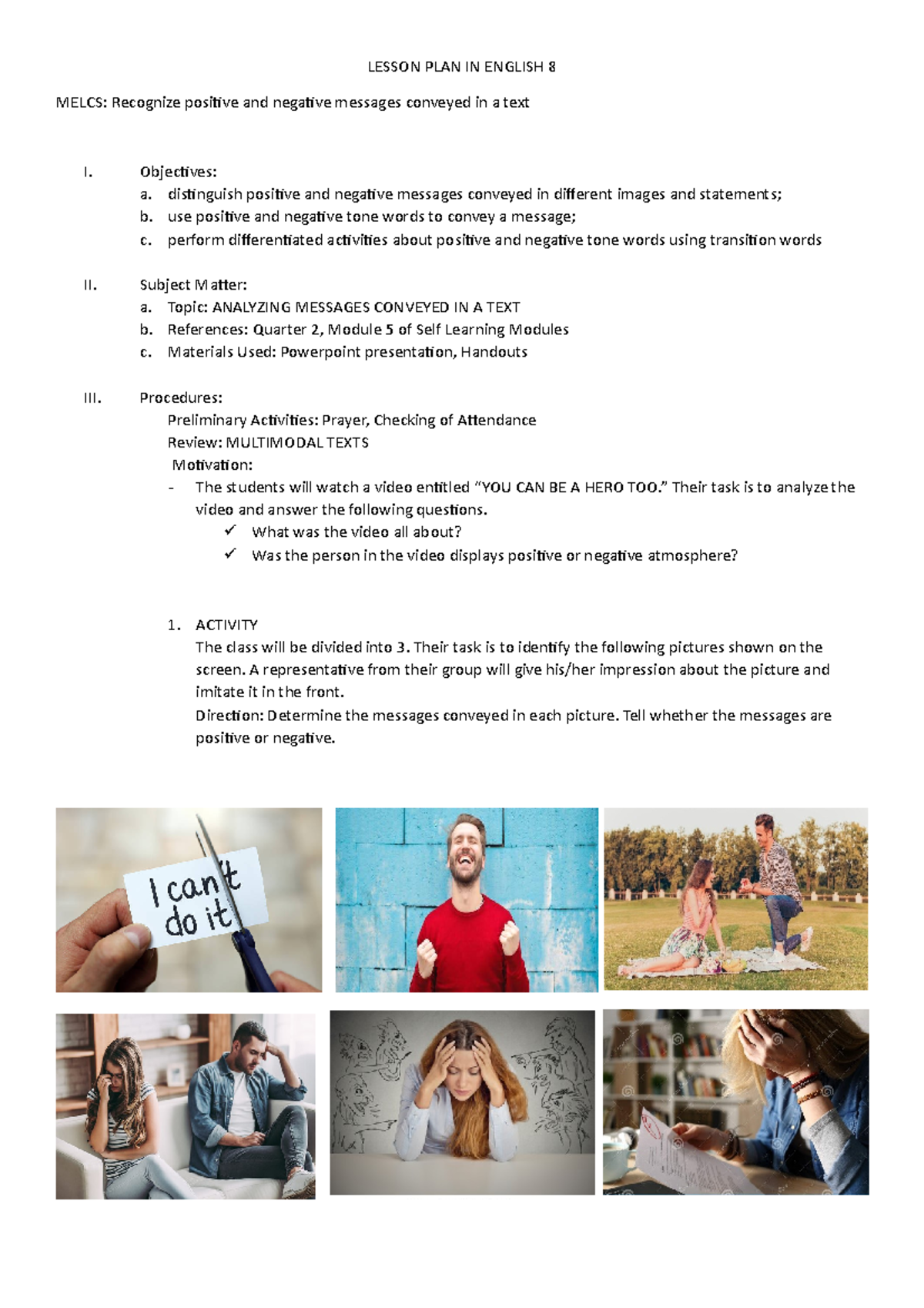 Lesson PLAN IN English 8 - LESSON PLAN IN ENGLISH 8 MELCS: Recognize ...