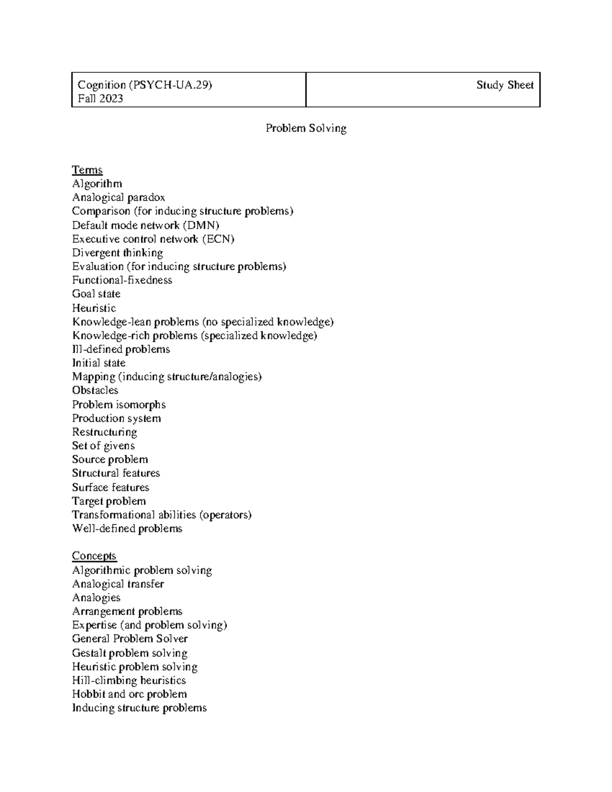 Study sheet - ch 12 problem solving f23 - Cognition (PSYCH-UA) Fall 20 ...