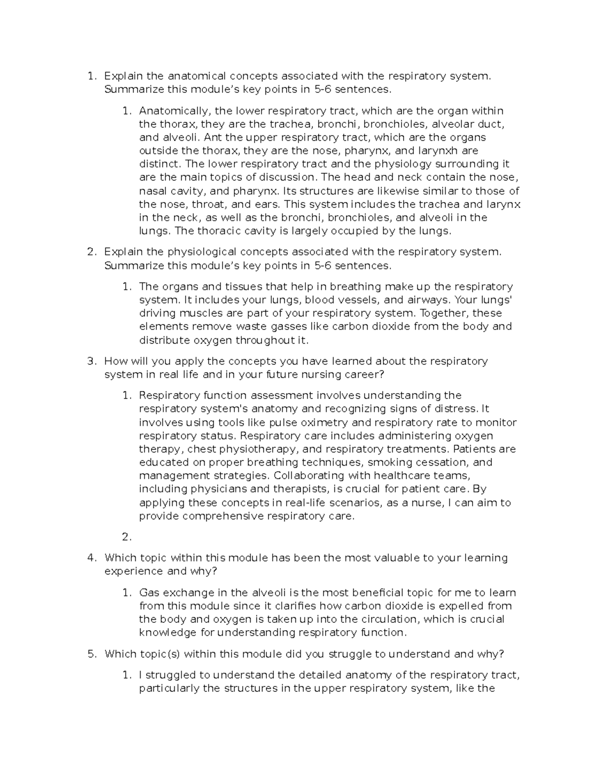 Module 05 Reflection Assignment - Respiratory Systems - Explain the anatomical concepts ...