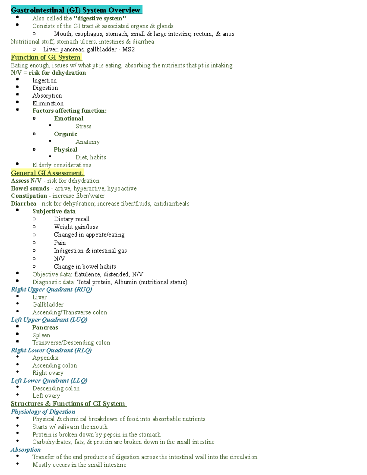 Med surg GI - Lecture notes - Gastrointestinal (GI) System Overview ...