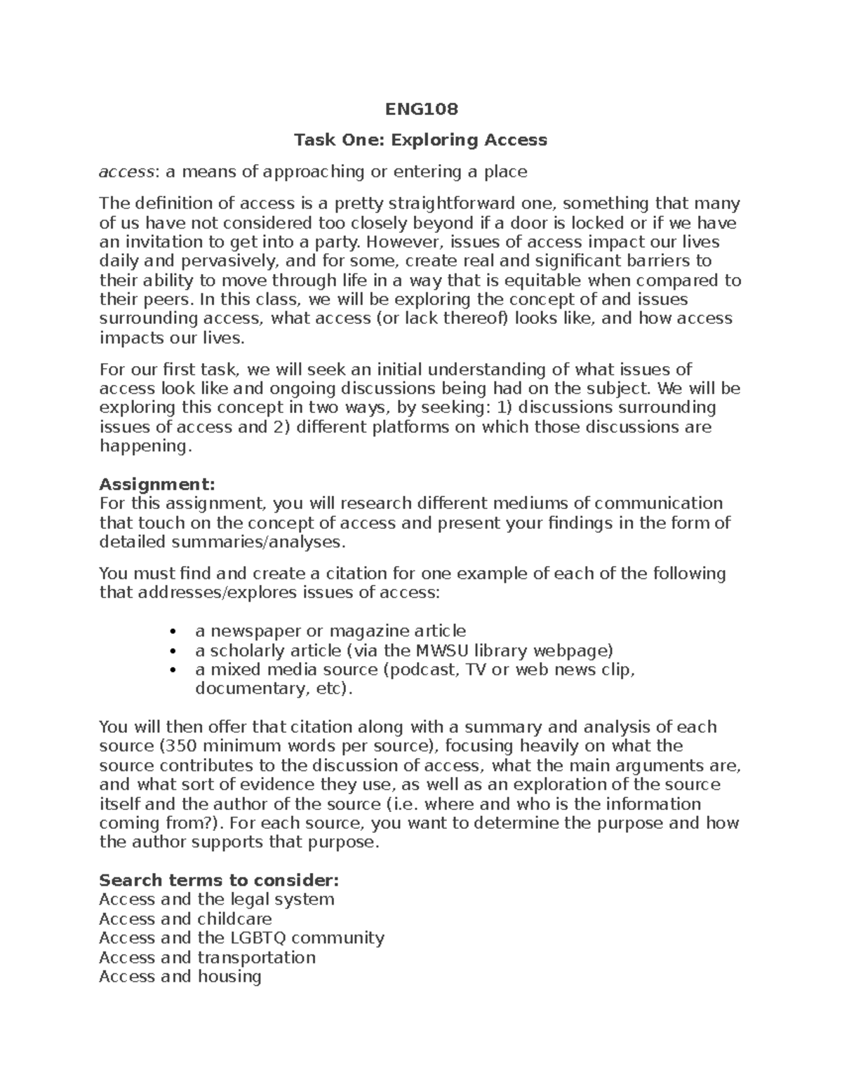 Essay 1 Exploring Access ENG108 - ENG Task One: Exploring Access access ...